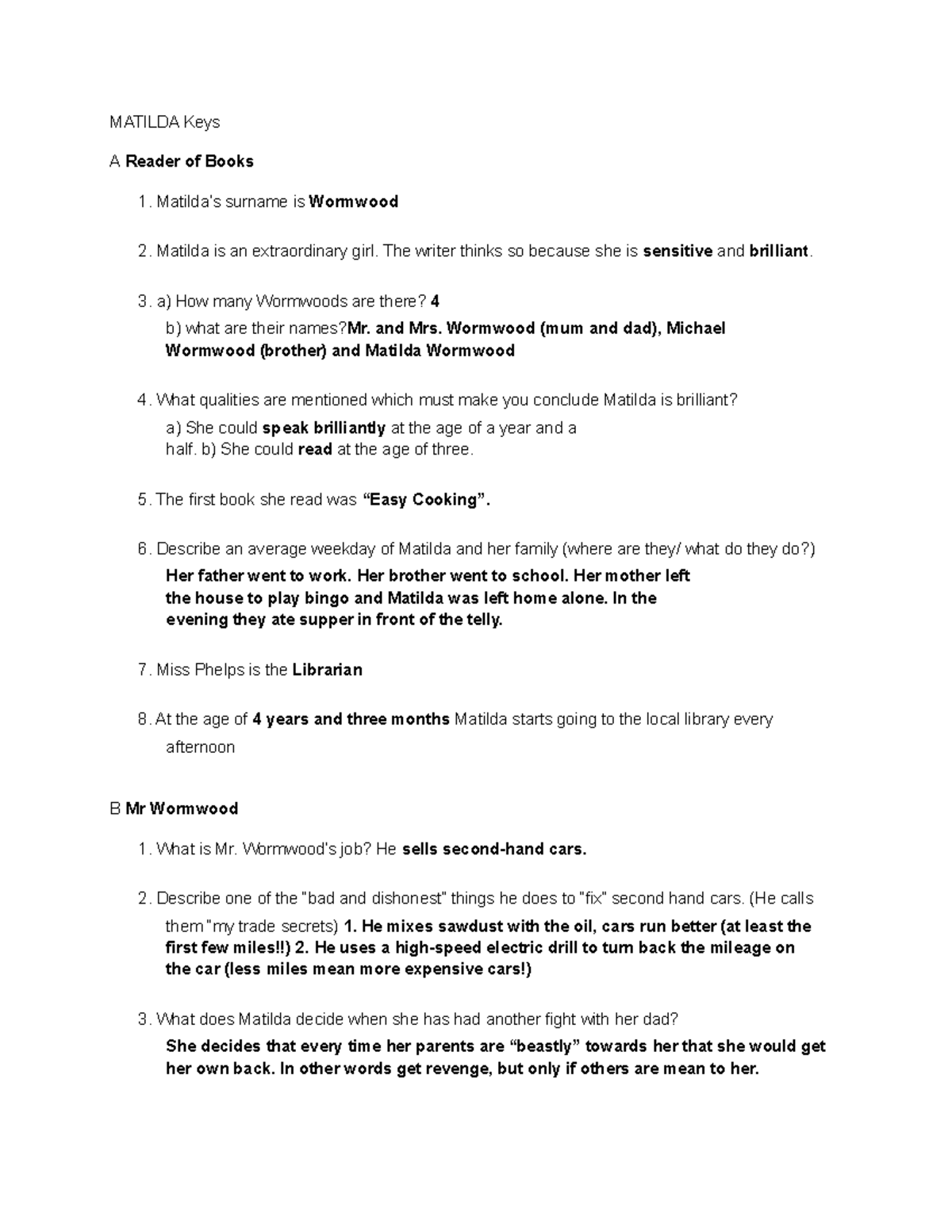 Matilda Book Questions and Answers - MATILDA Keys A Reader of Books 1 ...