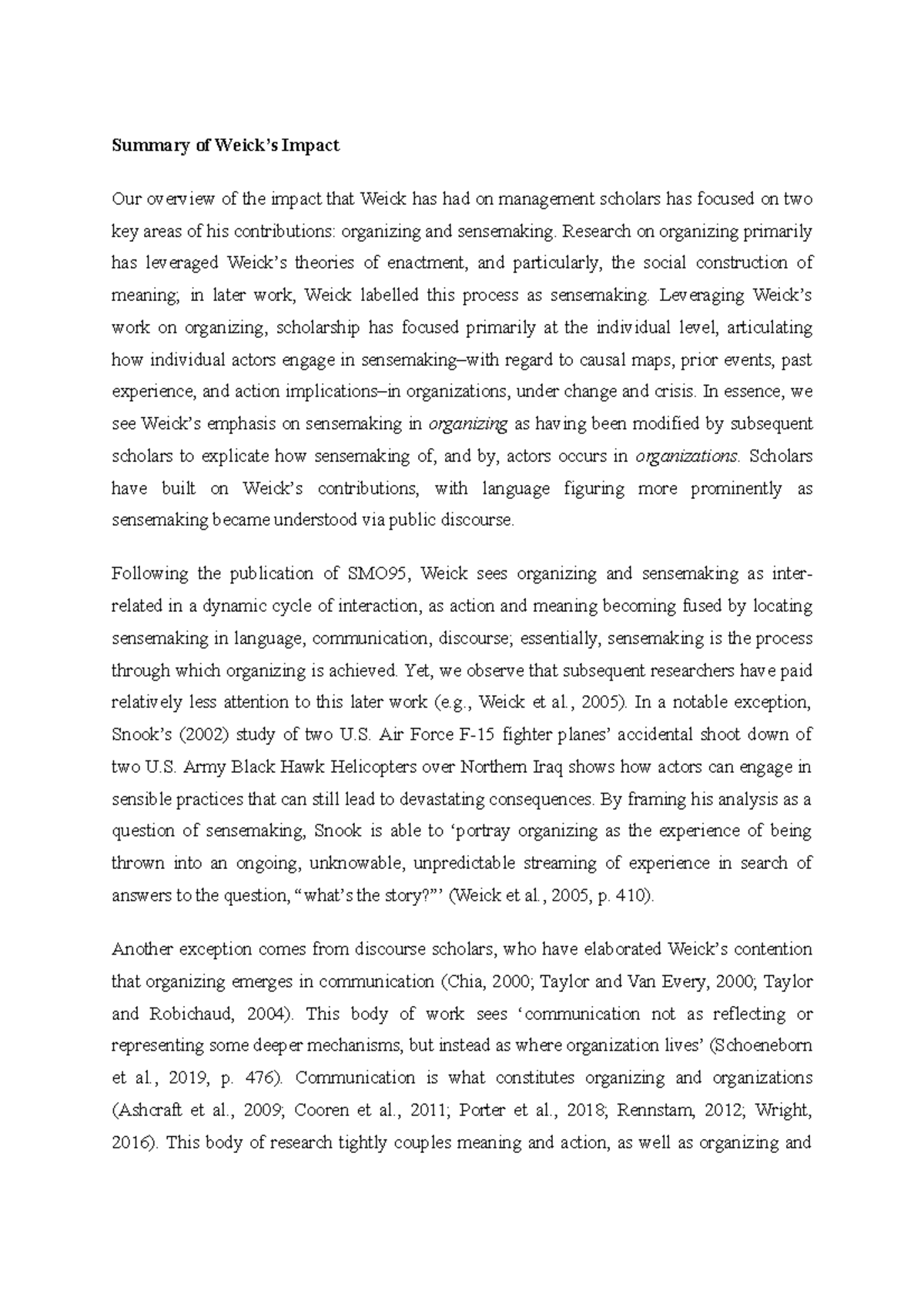 Summary of Weick - Sensemaking in organizations. - Summary of Weick’s ...