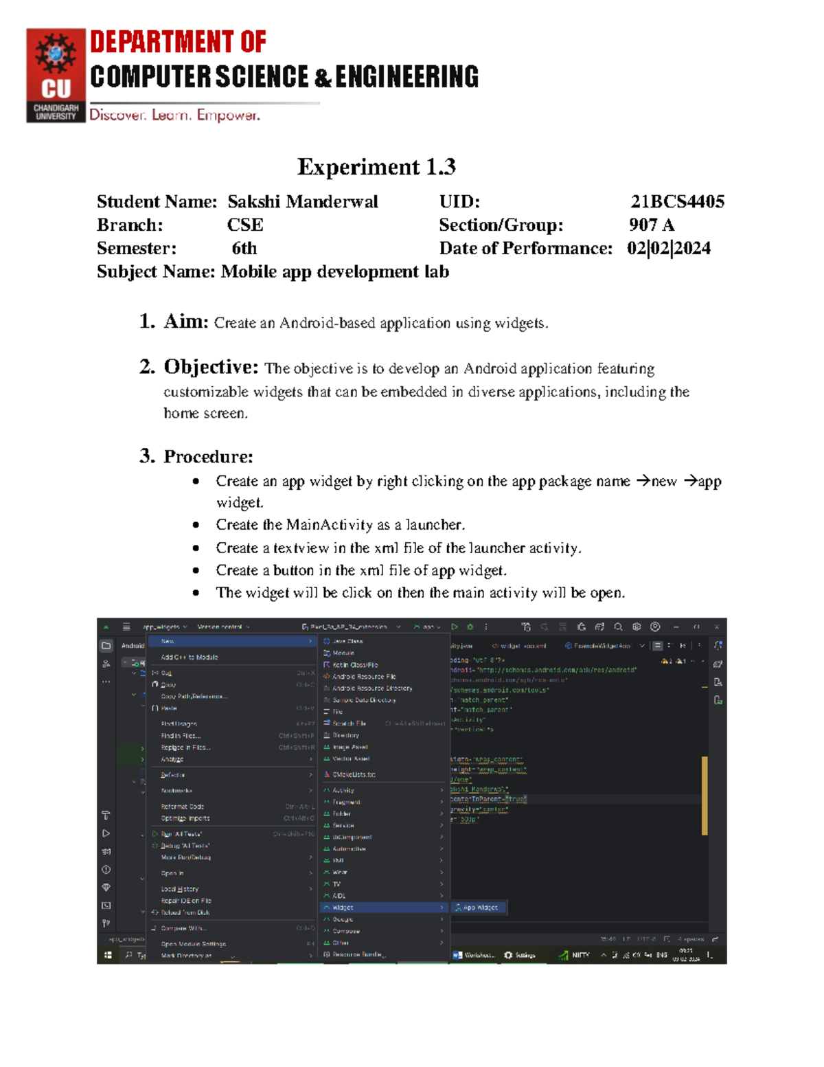 Worksheet android 3 - 6th sem - COMPUTER SCIENCE & ENGINEERING Experiment 1. Student Name: - Studocu