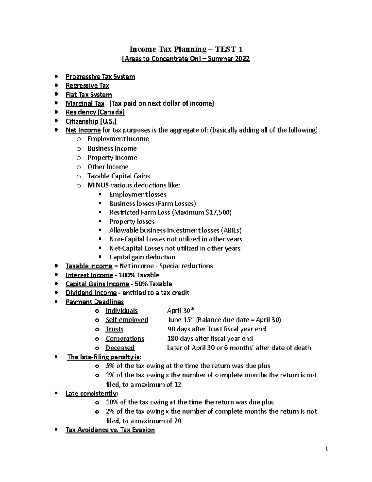 Income Tax Planning (Areas to Concentrate FIN 2005 - Test 1) Summer ...