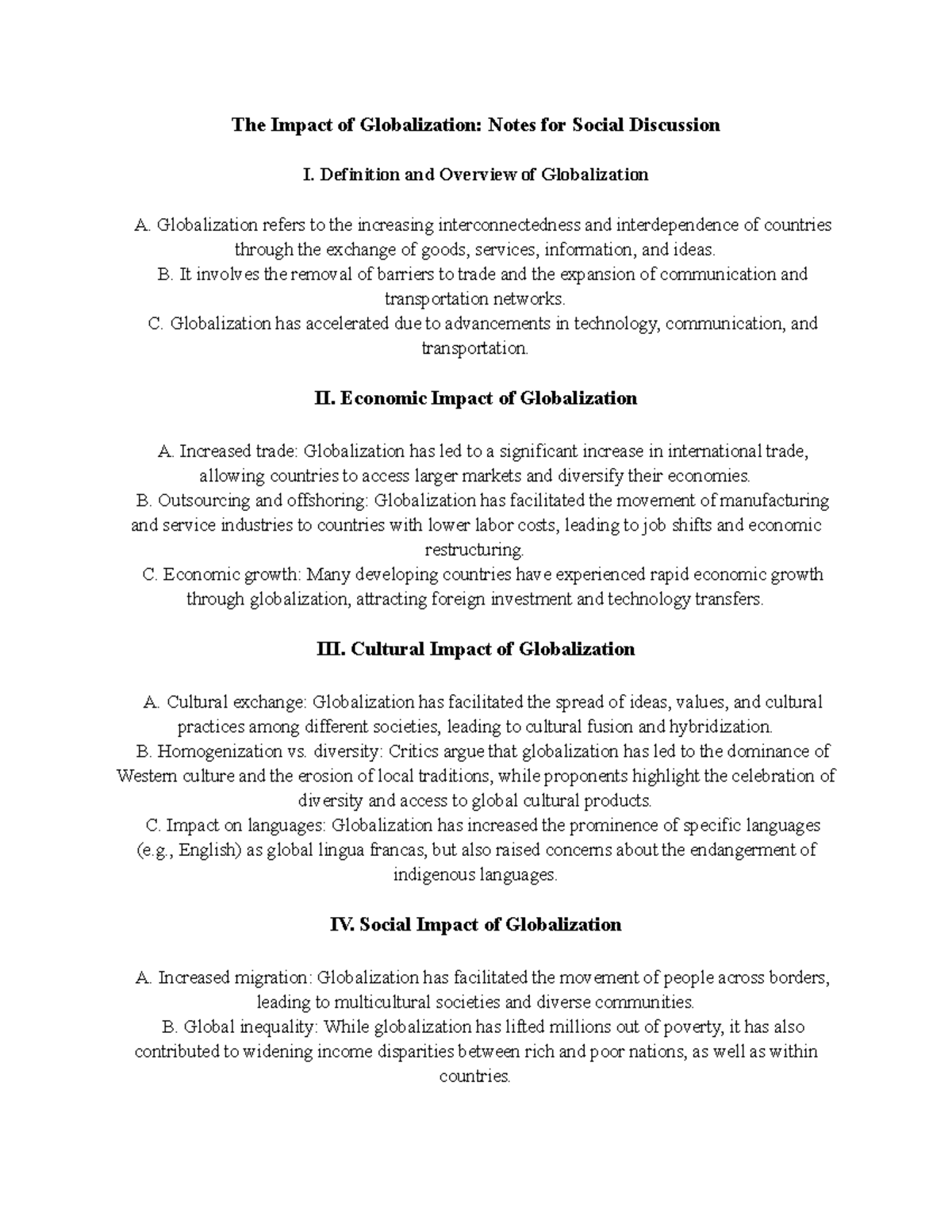 The Impact of Globalization Notes for Social Discussion - Definition ...