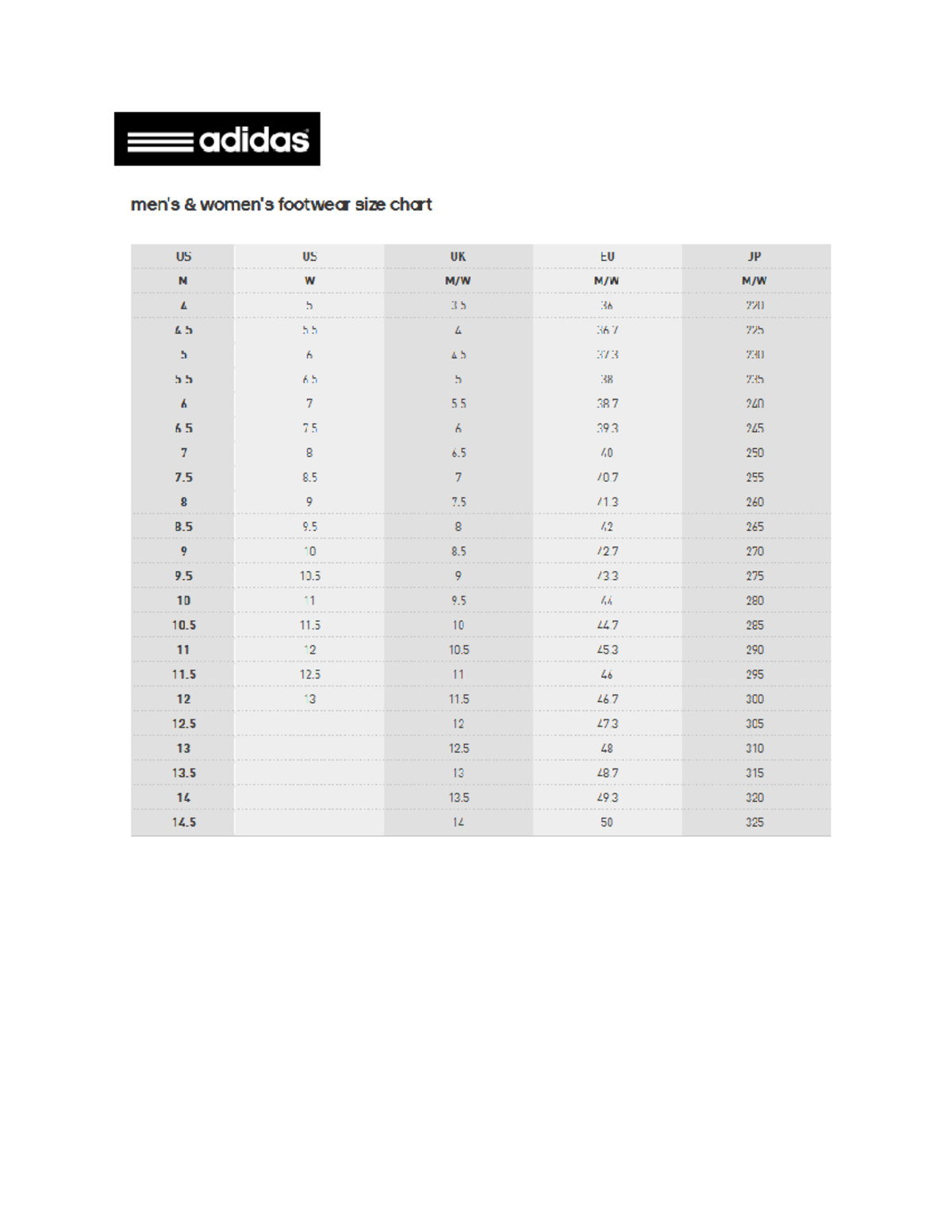 Adidas Adults Footwear sizechart - adidas footwear size chart US US UK ...