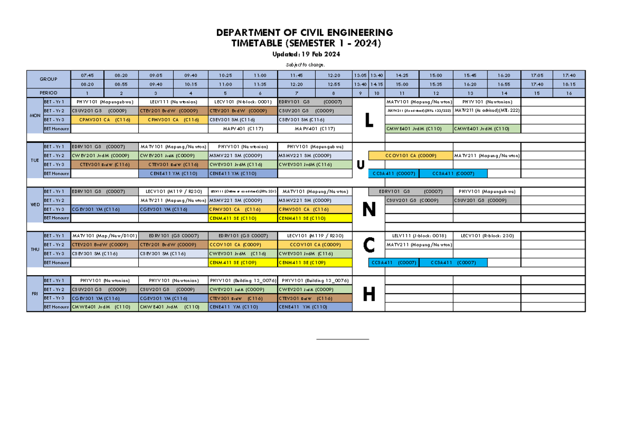 Civil ENG timetable Sem 1 - 2024 19Feb - 07:45 08:20 09:05 09:40 10:25 11:00 11:45 12:20 13:05 ...