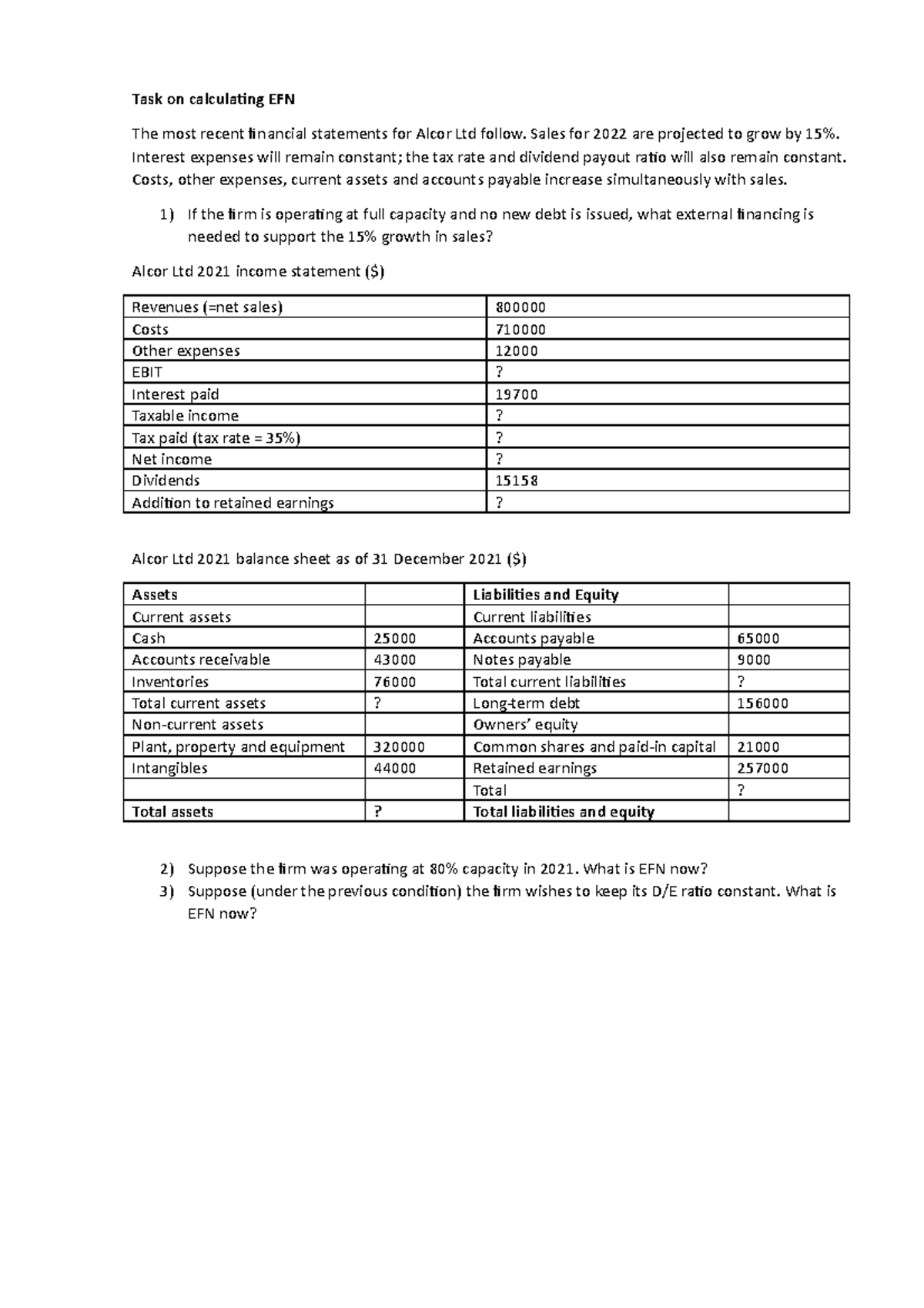 EFN calculation task - Financial Planning Exercise - Task on ...