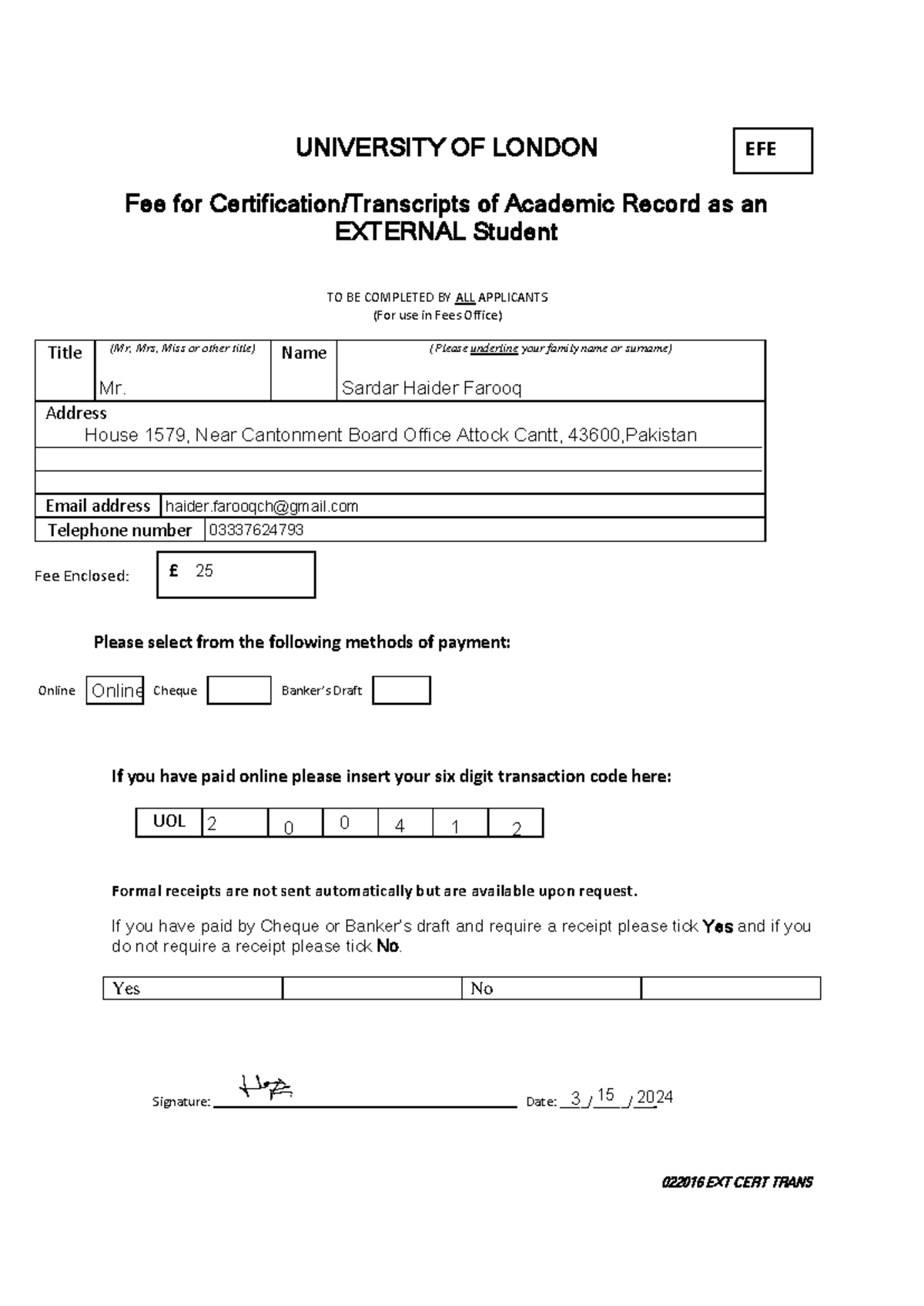 Transcripts-feeslip - jhdbckwbw - UNIVERSITY OF LONDON Fee for ...