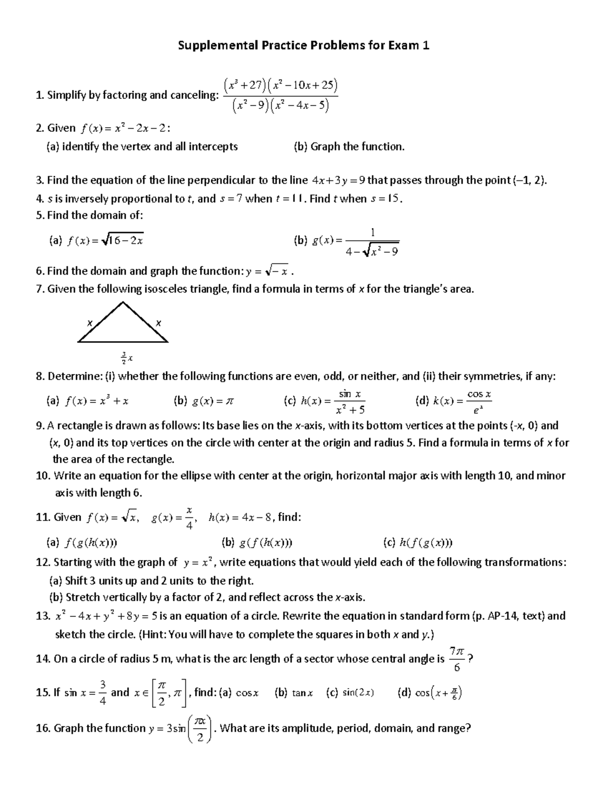 Practice Problems for Exam 1 - Find the equation of the line ...