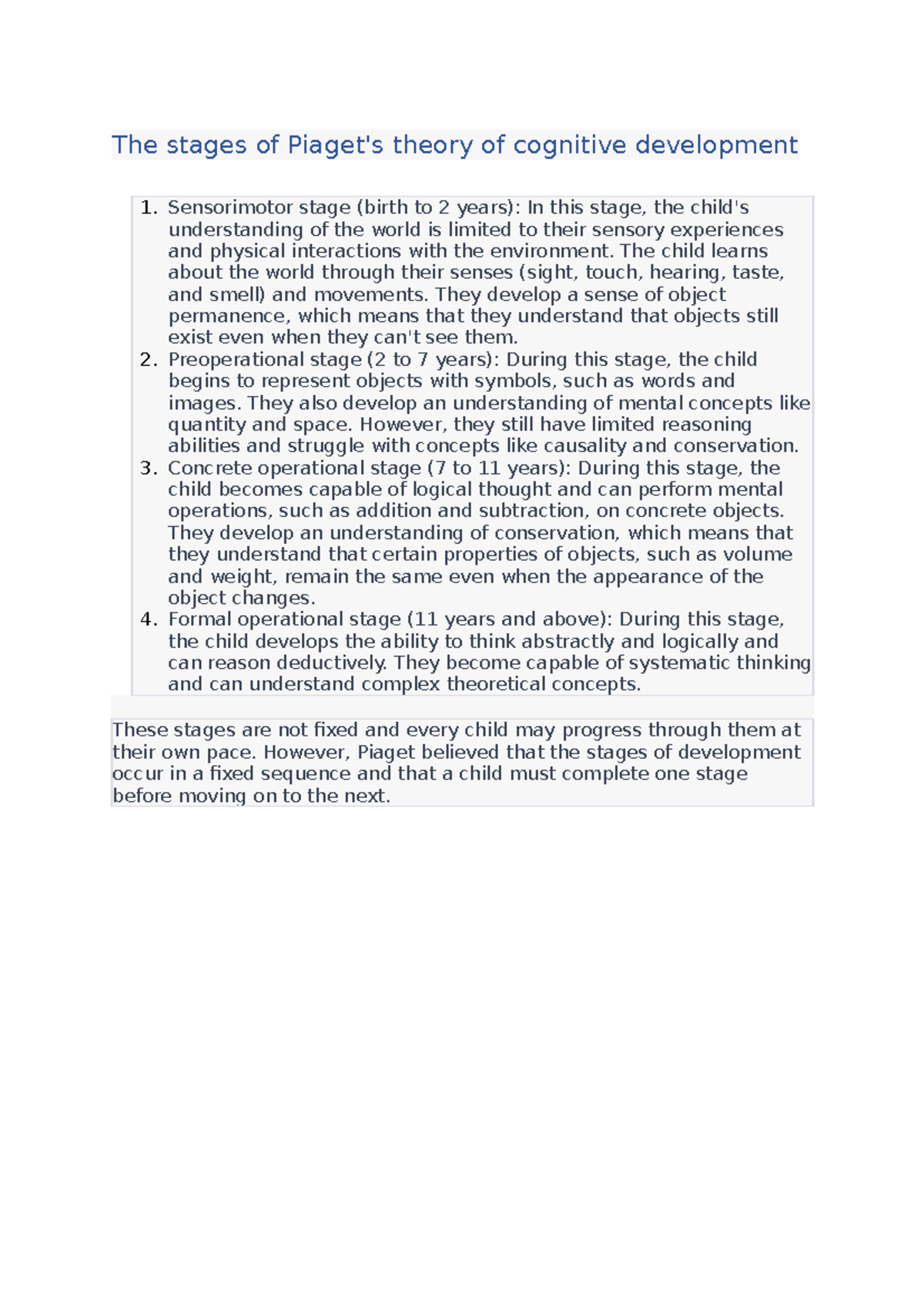 The stages of Piagets theory - The child learns about the world through ...