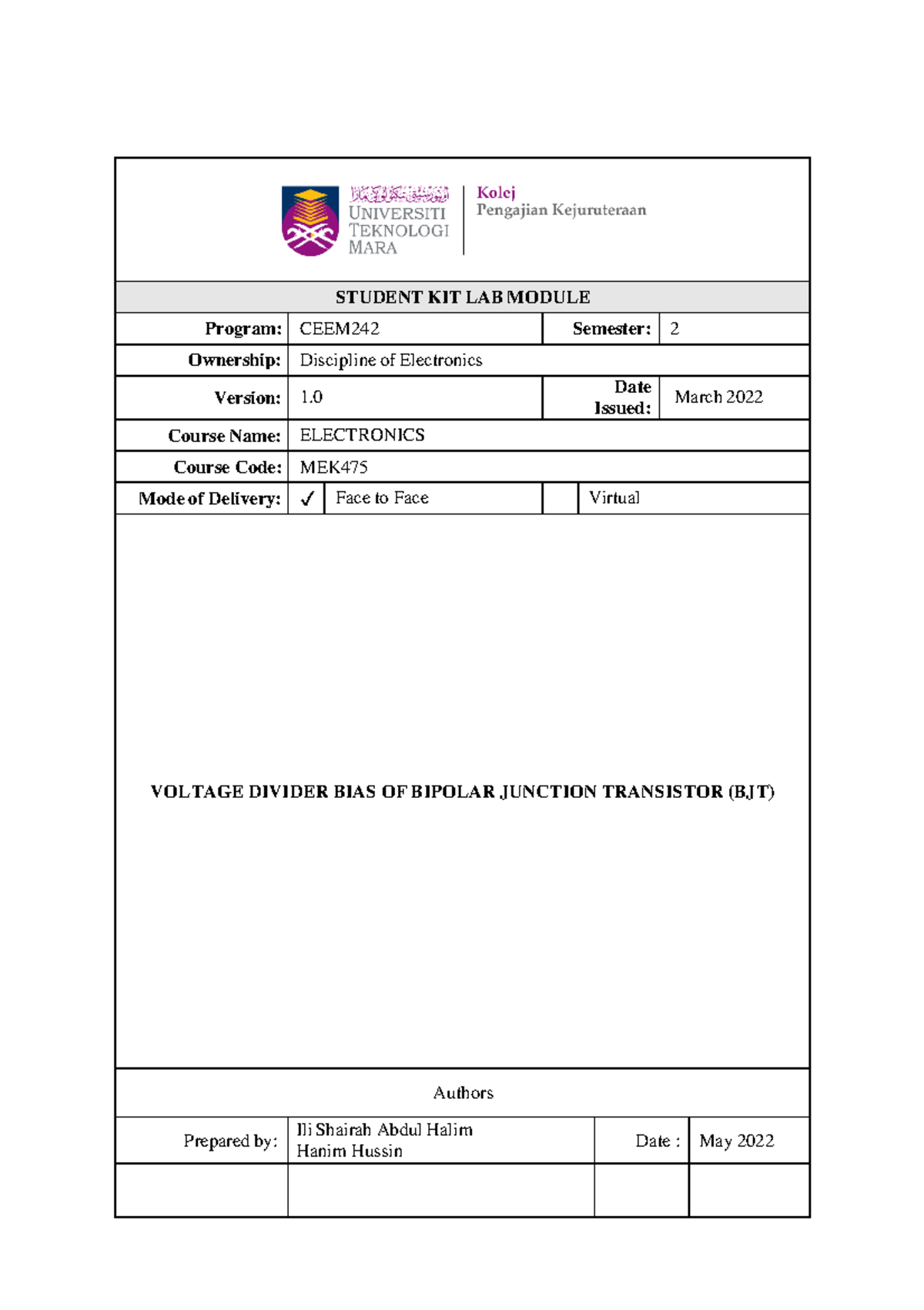 MEK457 BJT 1 Lab report 3 - STUDENT KIT LAB MODULE Program: CEEM242 ...
