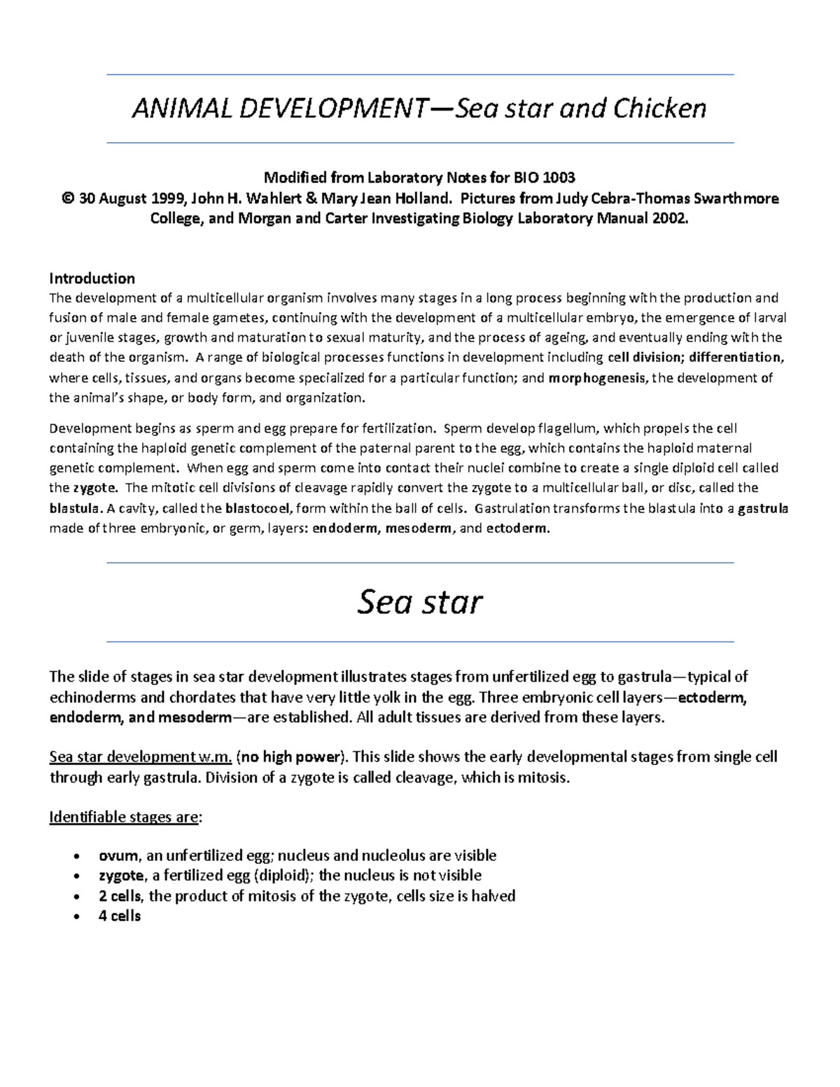 Animal Lab 2-1-23 - ANIMAL DEVELOPMENT—Sea star and Chicken Modified ...