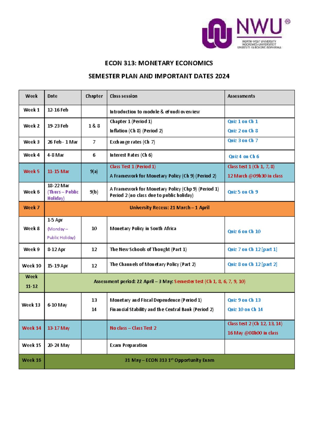 ECON+313 Semester+plan 2024+Vaal-1 - ECON 313: MONETARY ECONOMICS ...