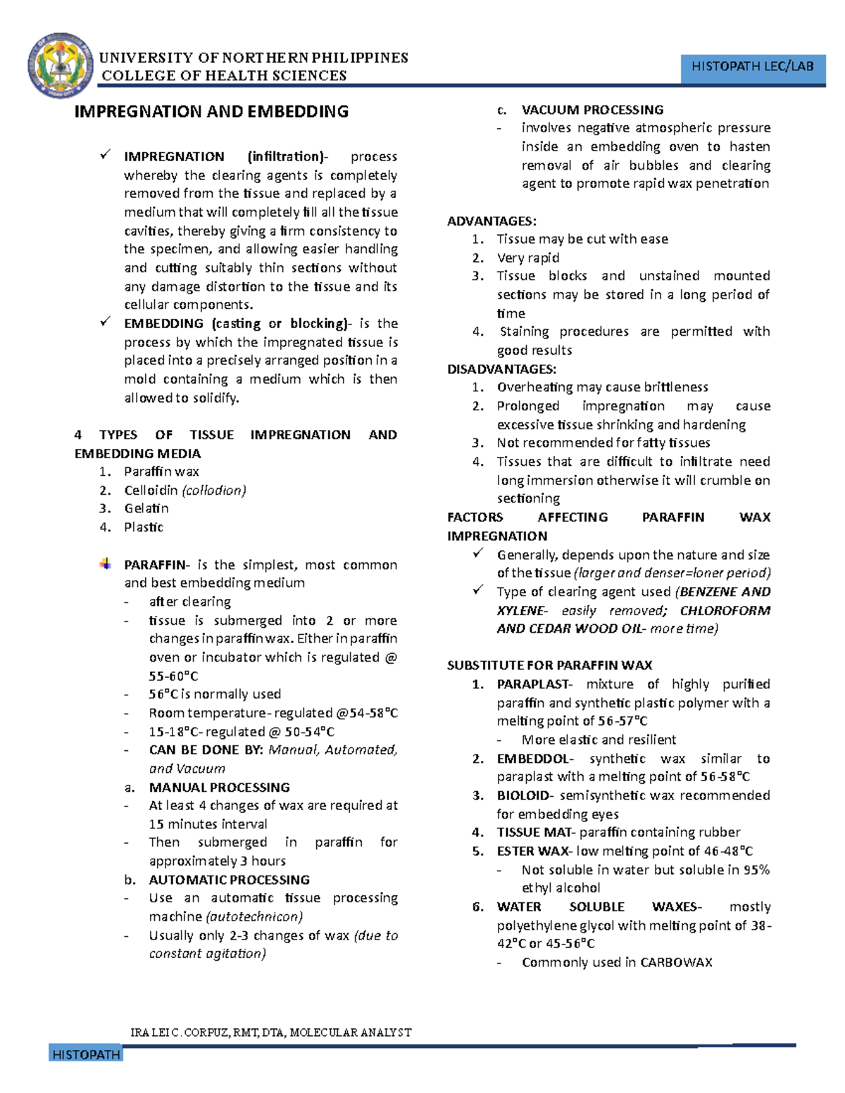 HISTOPATHOLOGY- Impregnation and The Embedding - HISTOPATH LEC/LAB ...