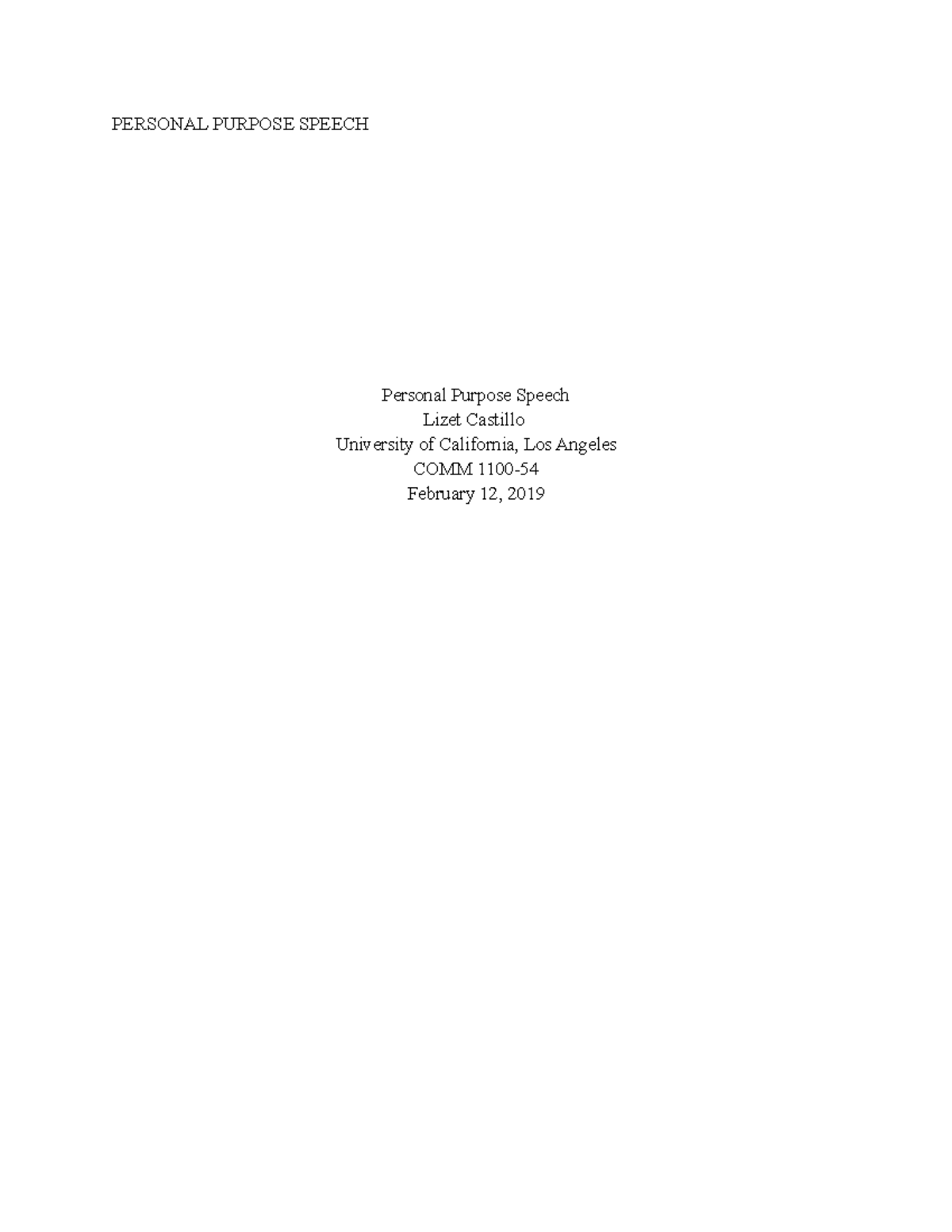 Purpose Speech Final Draft - PERSONAL PURPOSE SPEECH Personal Purpose ...