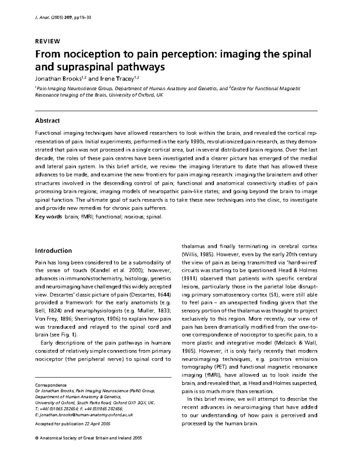 Journal of Anatomy - 2005 - Brooks - Review From nociception to pain perception imaging the ...