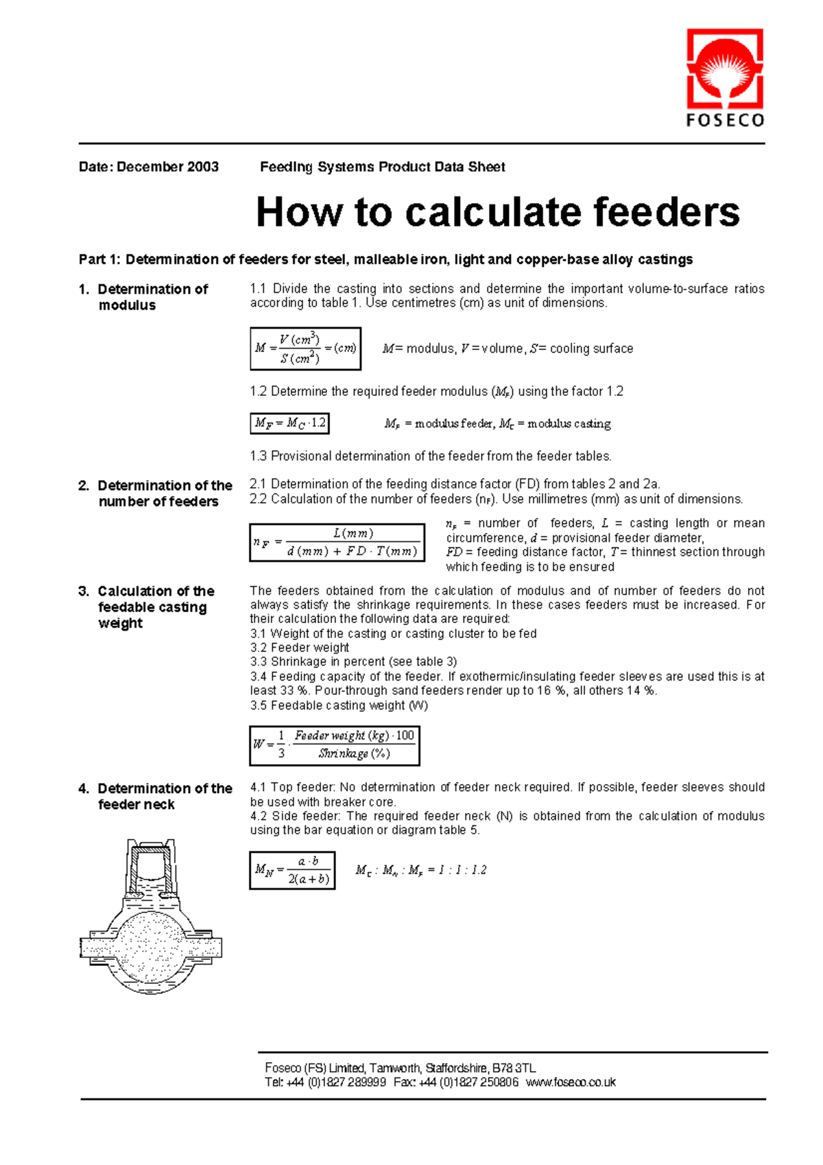 Pdfcoffee - Foseco (FS) Limited, Tamworth, Staffordshire, B78 3TL Date: December 2003 Feeding ...