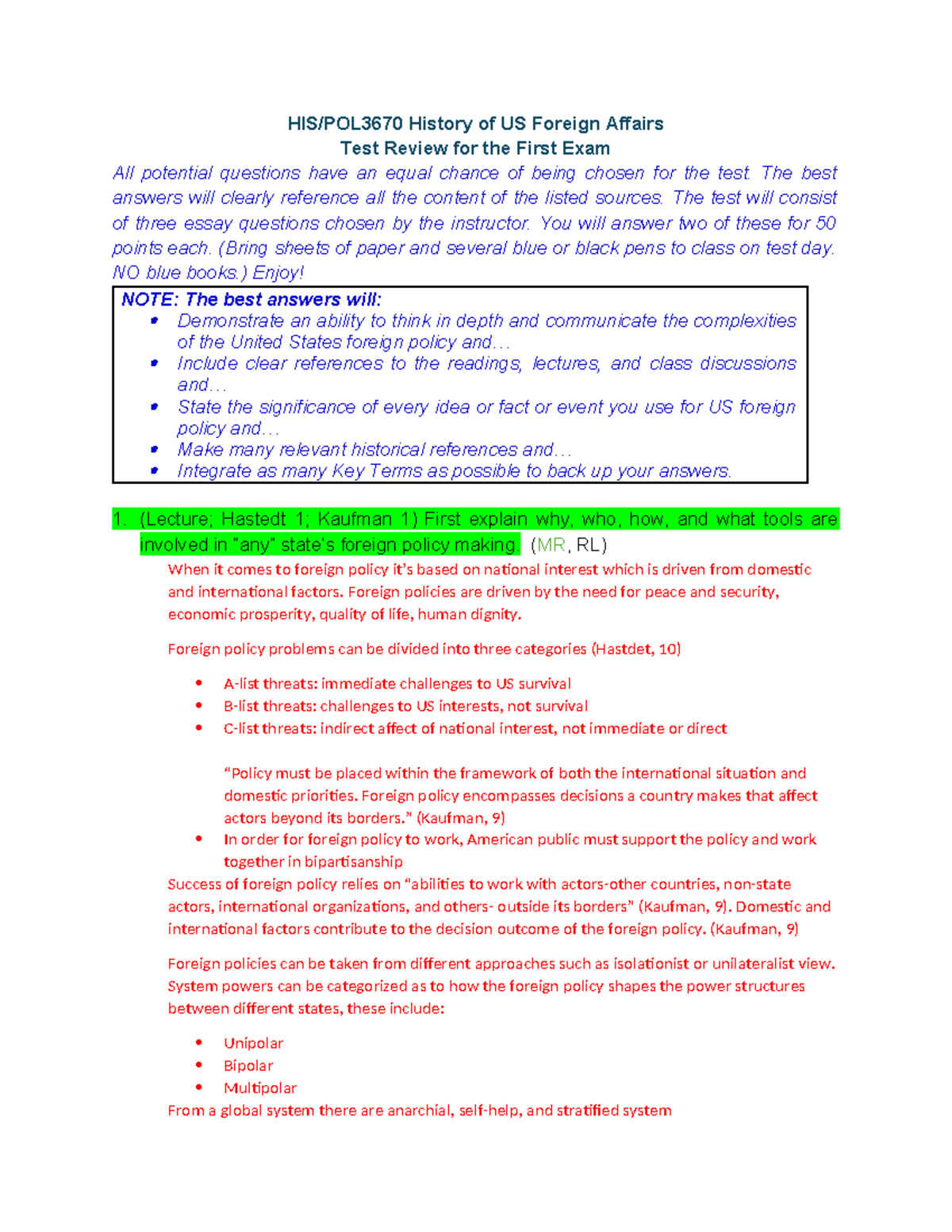 Midterm exam study guide - HIS/POL3670 History of US Foreign Affairs ...