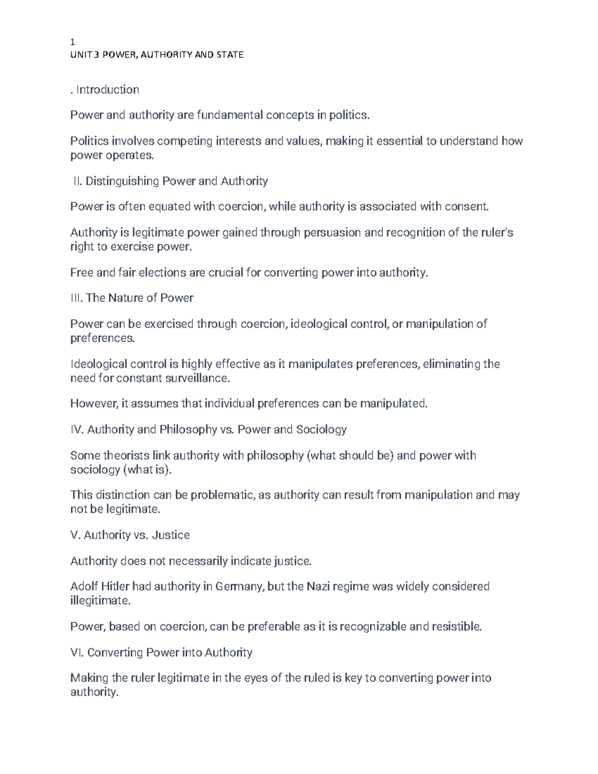 UNIT 3. POLS , Lecture Notes - UNIT 3 POWER, AUTHORITY AND STATE ...