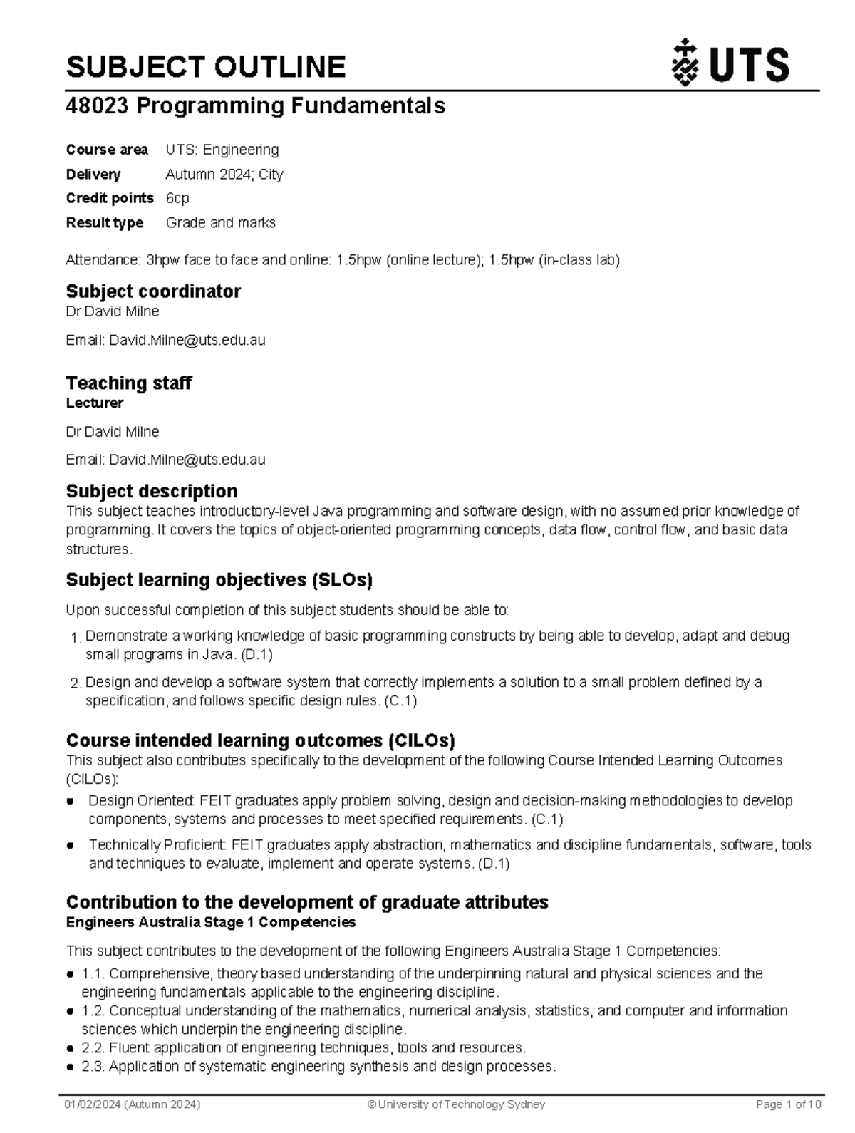 Programming Fundamentals Subject Outline - SUBJECT OUTLINE 48023 Programming Fundamentals - Studocu