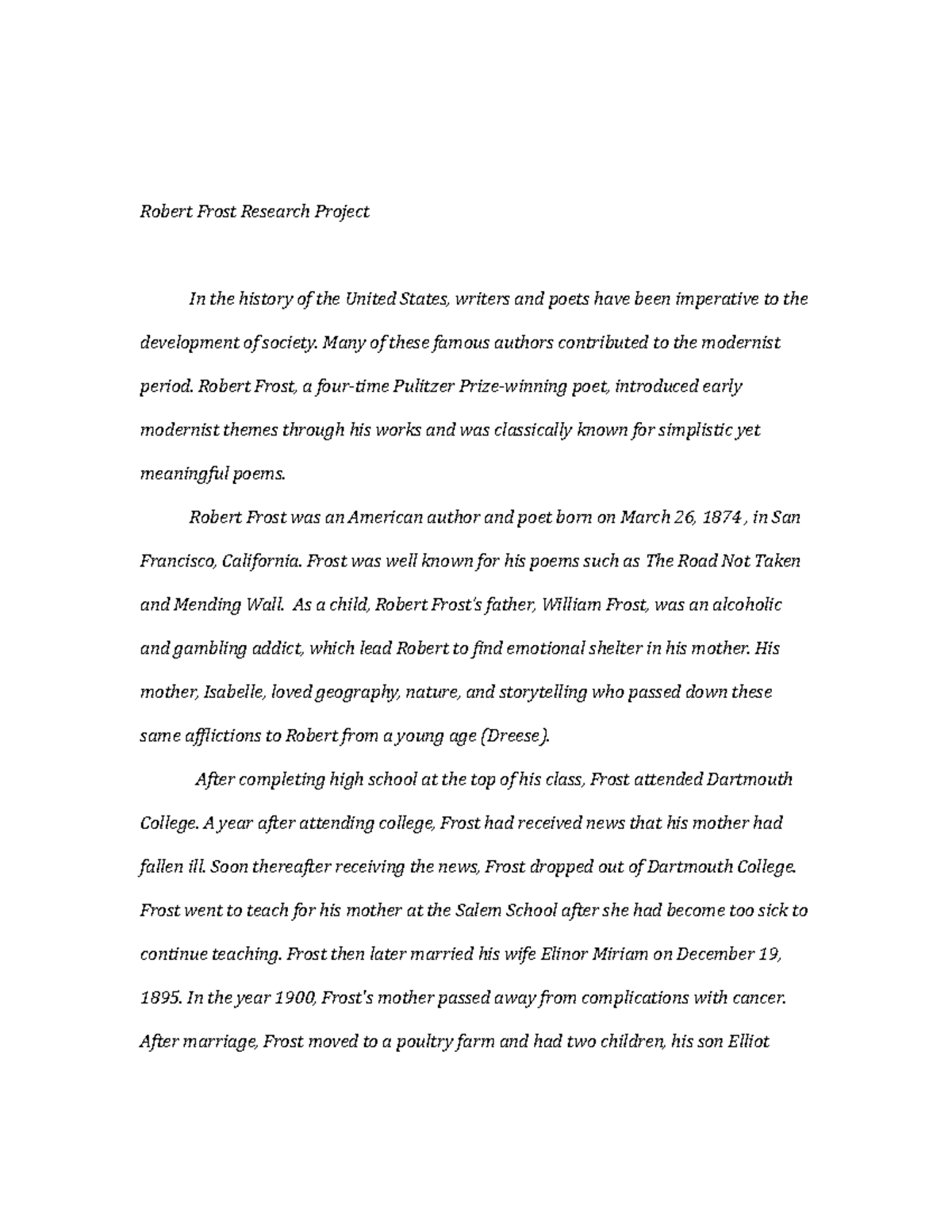Robert Frost Research Project Final 2 - Robert Frost Research Project ...