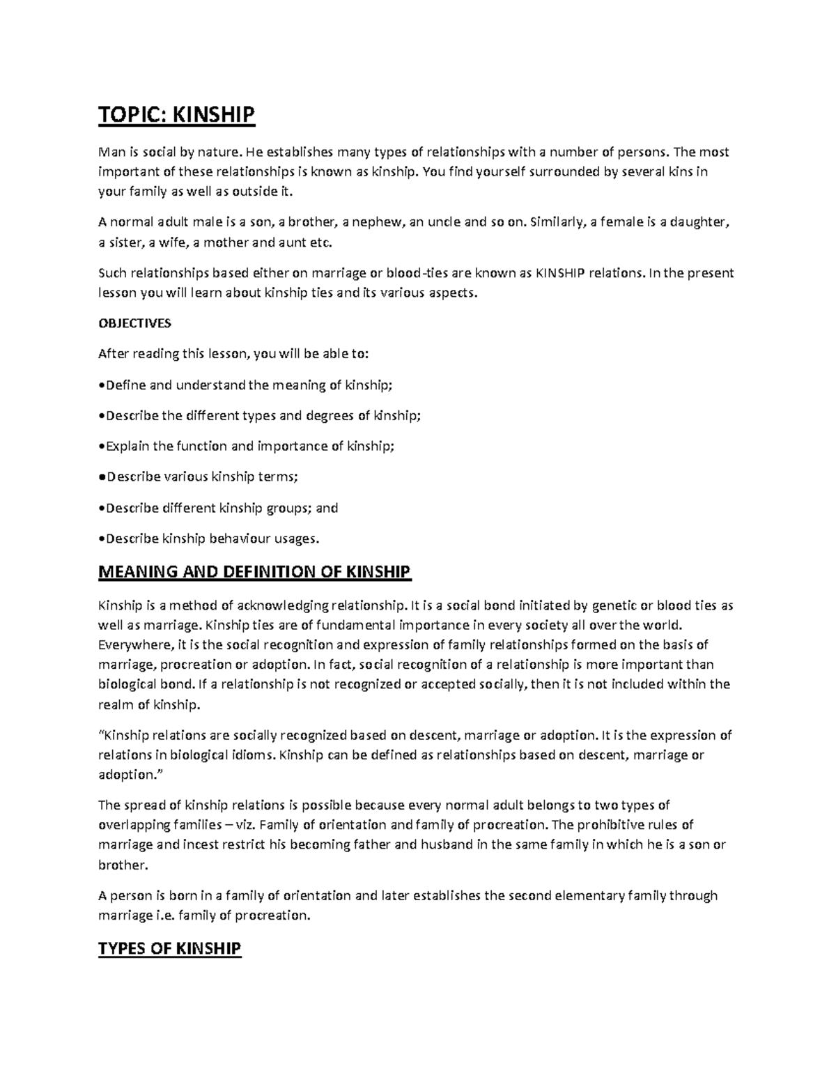 Document (53) - Useful notes - TOPIC: KINSHIP Man is social by nature ...