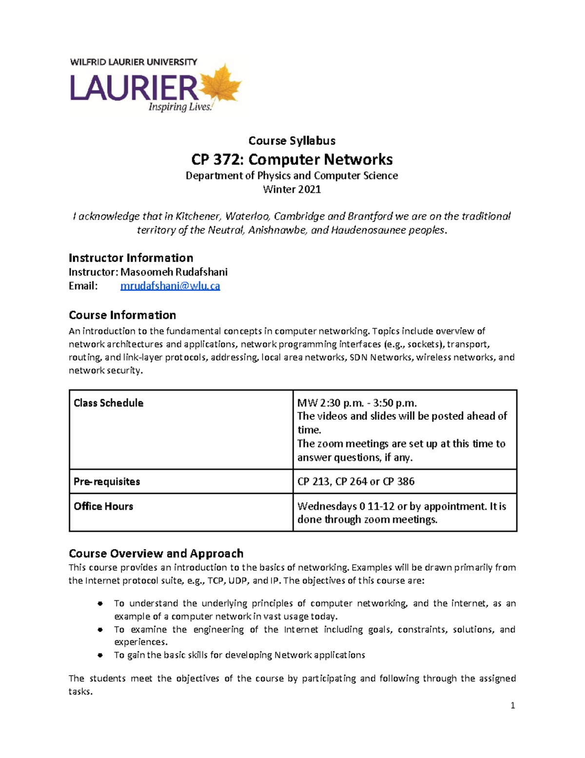 Cp372 202101 syllabus - Course Syllabus CP 372: Computer Networks Department of Physics and ...