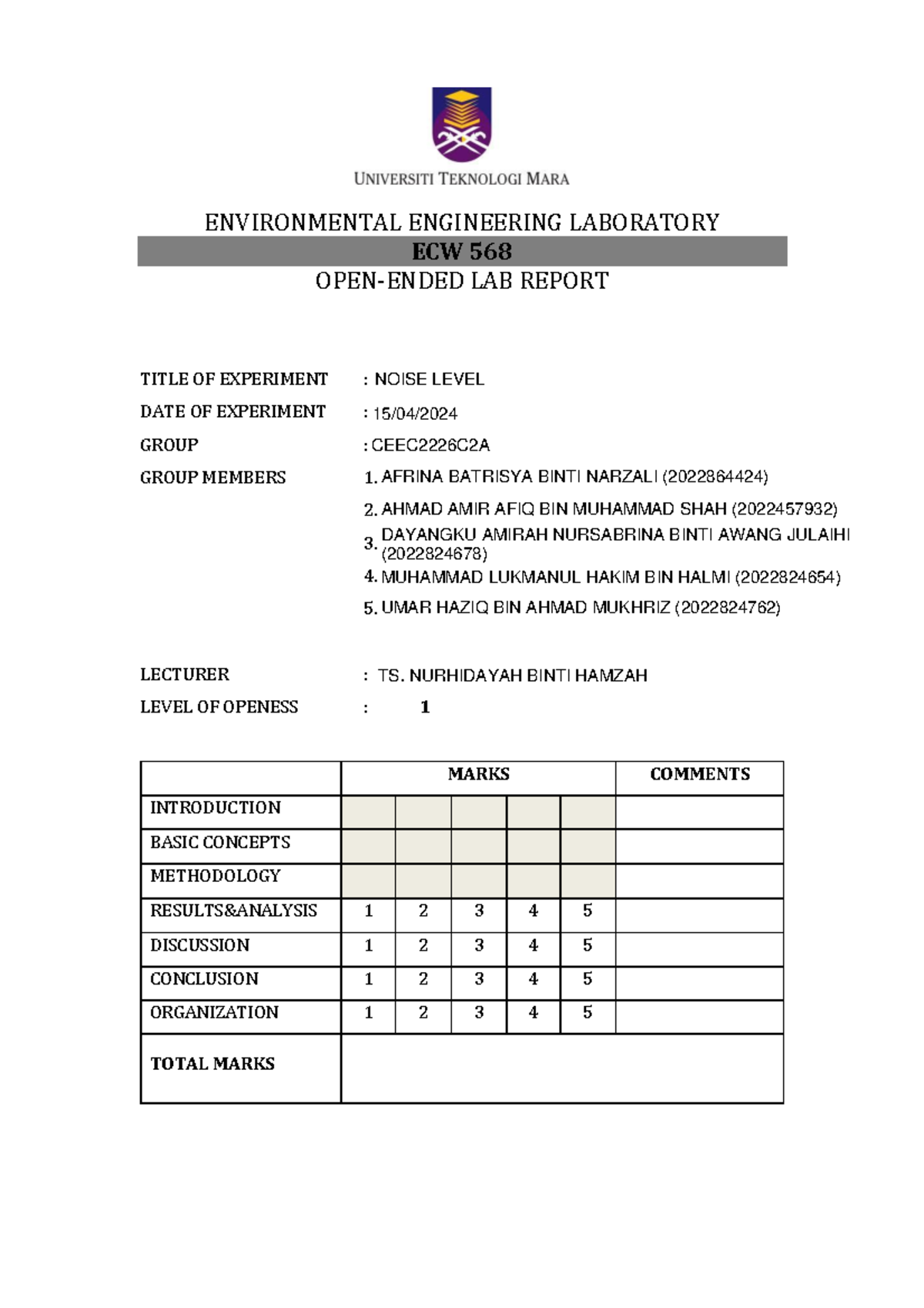 Noise Level Report - Civil Engineering - ENVIRONMENTAL ENGINEERING ...
