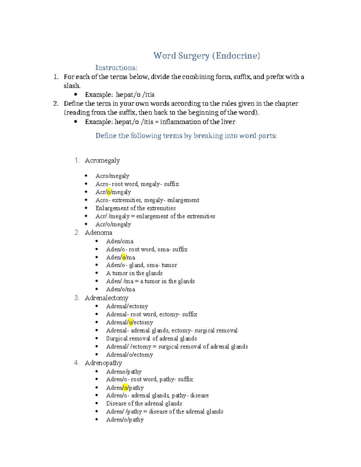 Word Surgery Endocrine - Word Surgery (Endocrine) Instructions: 1. For ...