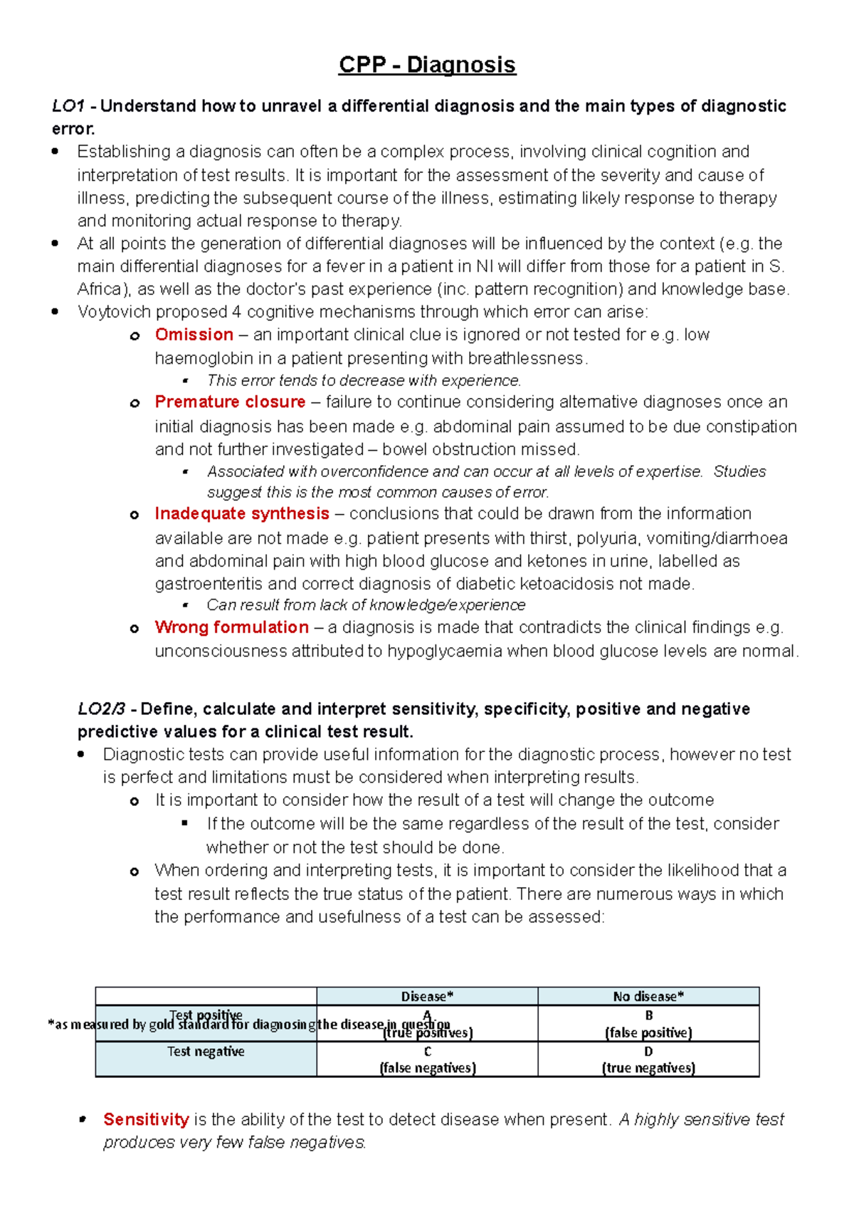 Diagnosis - Lecture Summary - CPP - Diagnosis LO1 - Understand how to ...