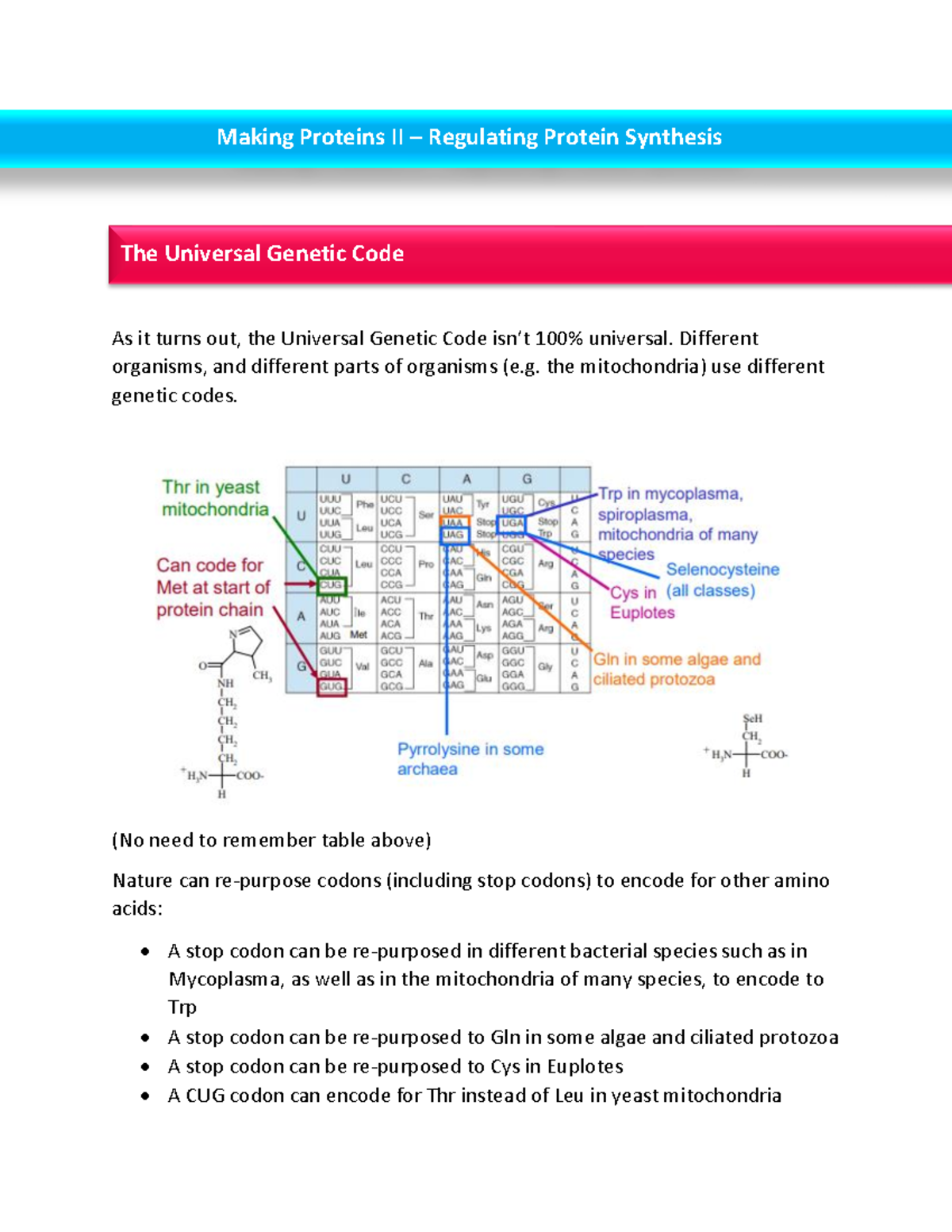 Lecture 3 - As it turns out, the Universal Genetic Code isn9t 100% ...