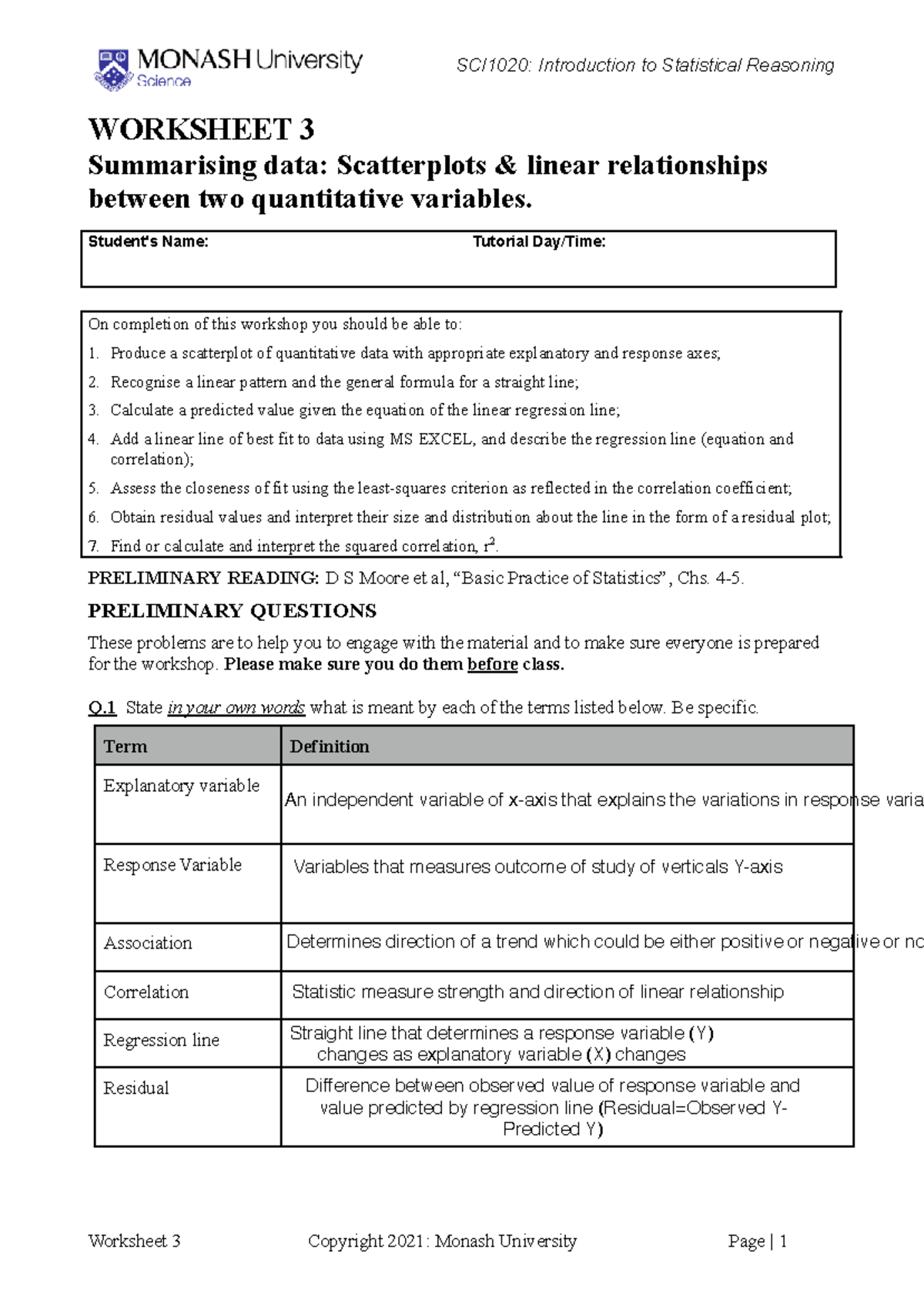 SCI1020 Worksheet 3 - SCI1020: Introduction to Statistical Reasoning WORKSHEET 3 Summarising ...