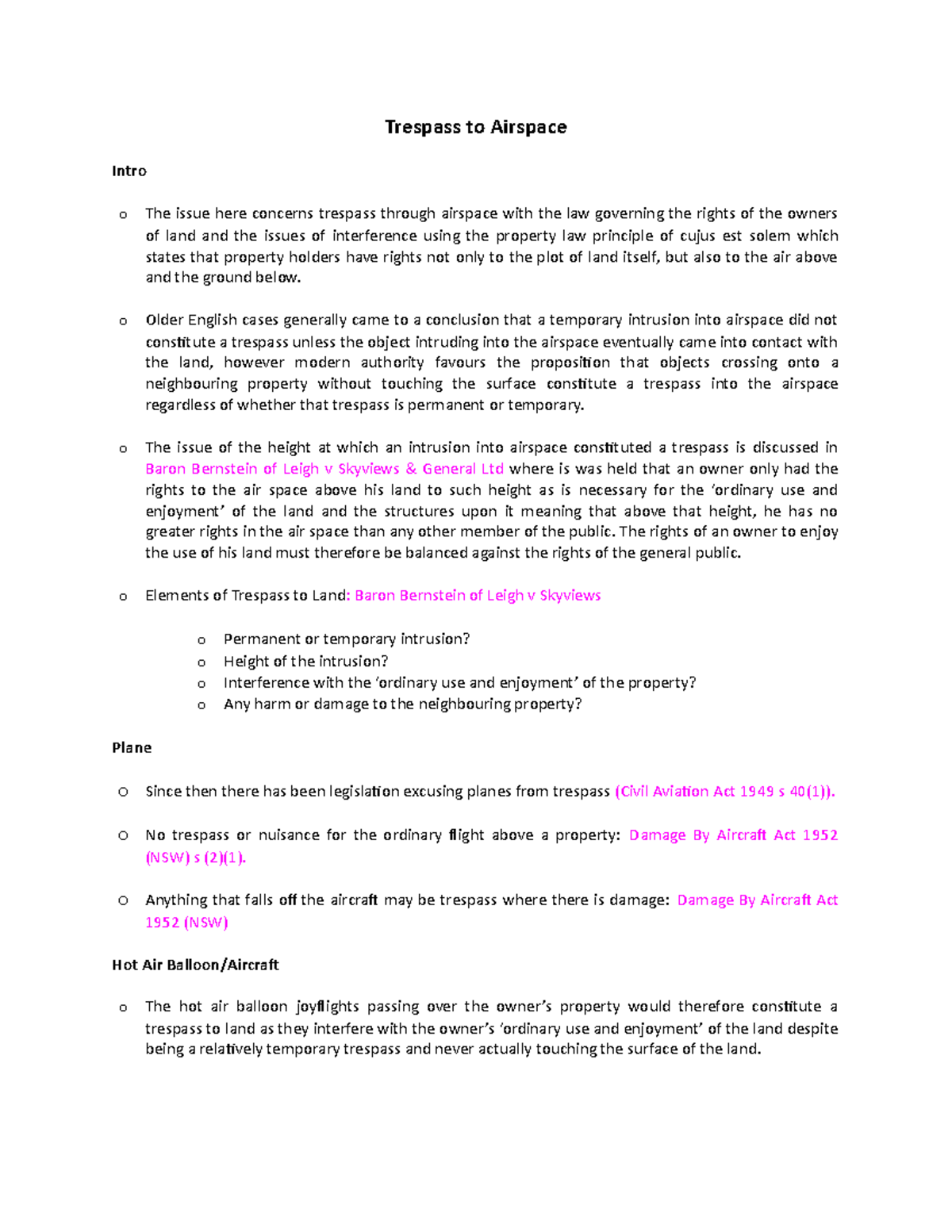 Summary - lecture - Tresspass to Airspace & Encroachment - Trespass to ...