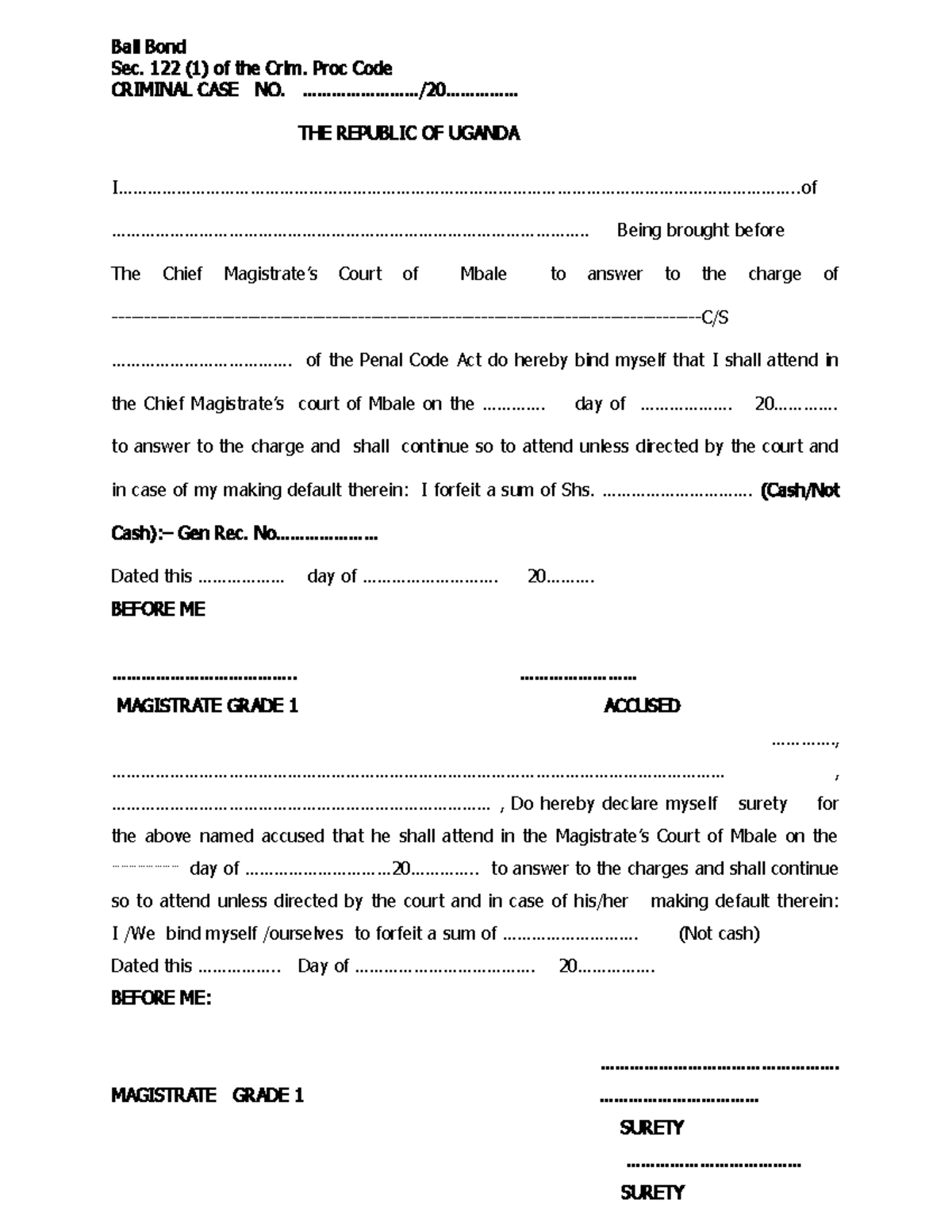 Bail Bond - Mag. G - a sample copy of a court document - Bail Bond Sec ...