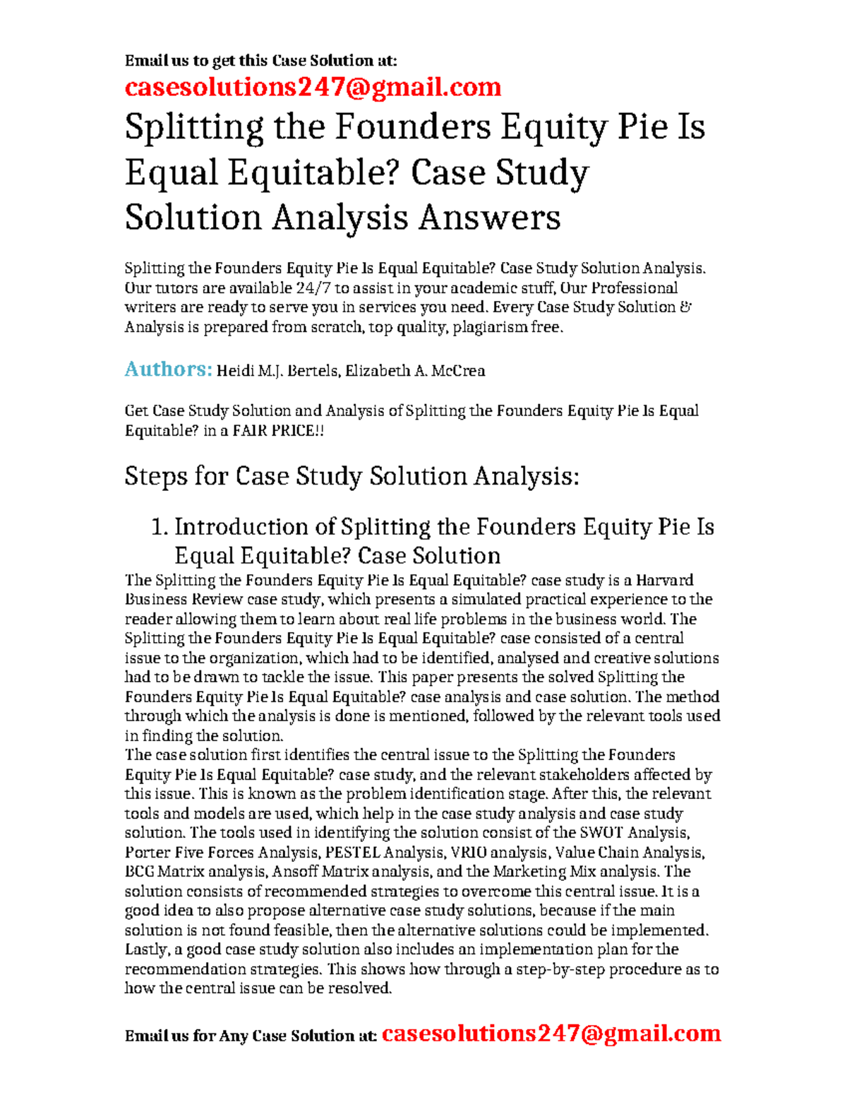 Case Solution Splitting the Founders Equity Pie Is Equal Equitable ...