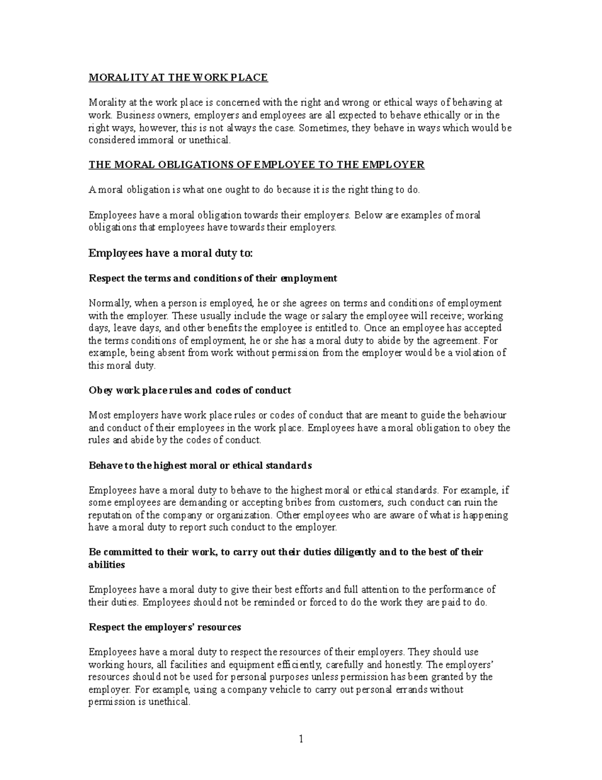 Edited WORK Ethics - vcvvdsfghr - MORALITY AT THE WORK PLACE Morality ...