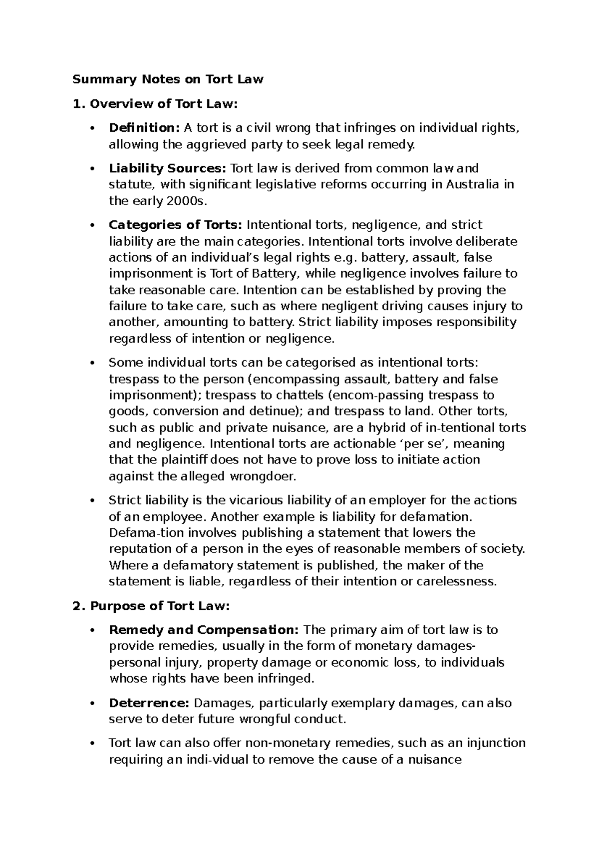 Summary Notes on Tort Law 5003 29082024 - Copy - Summary Notes on Tort ...