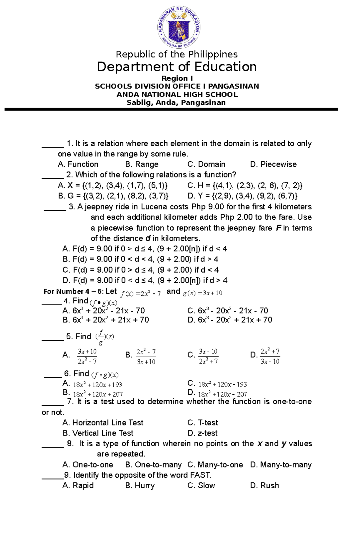 Gen. Math Post Test - pre test - Republic of the Philippines Department ...