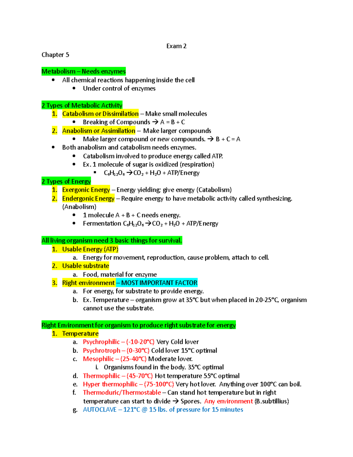 Exam 2 Notes - Dr. Soleymani - Exam 2 Chapter 5 Metabolism – Needs ...
