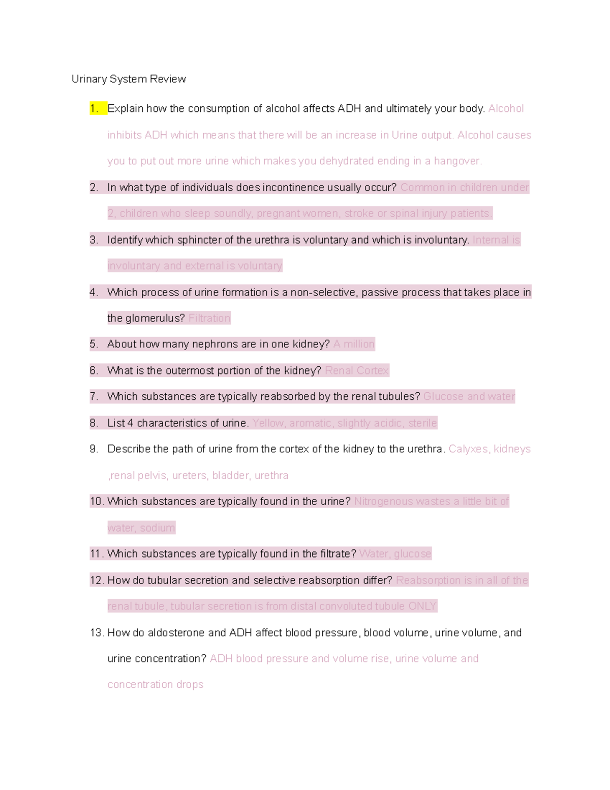 Urinary System Review - assignments - Urinary System Review Explain how ...