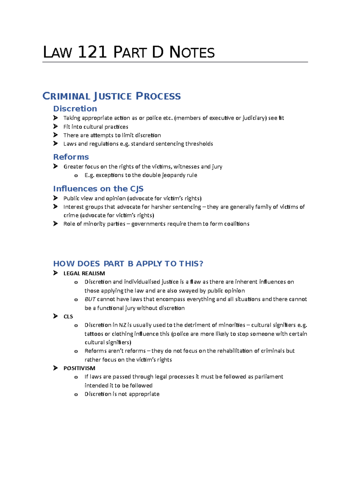 Law 121 Part D Notes - LAW 121 PART D NOTES CRIMINAL JUSTICE PROCESS ...