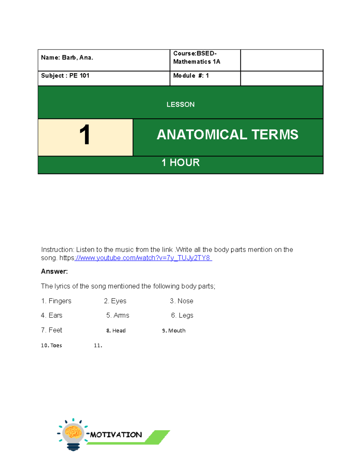 PE101-Lesson 1 Answersheet - Assessment in learning 2 - Studocu