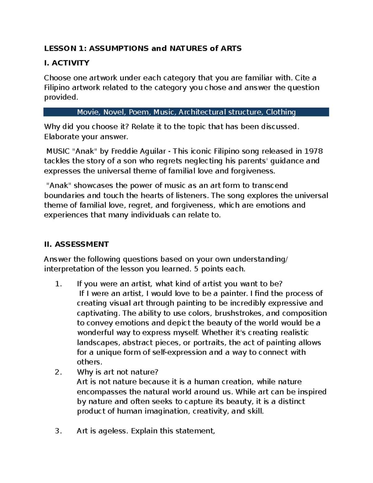 ARTS- Appreciation- Activities - LESSON 1: ASSUMPTIONS and NATURES of ...