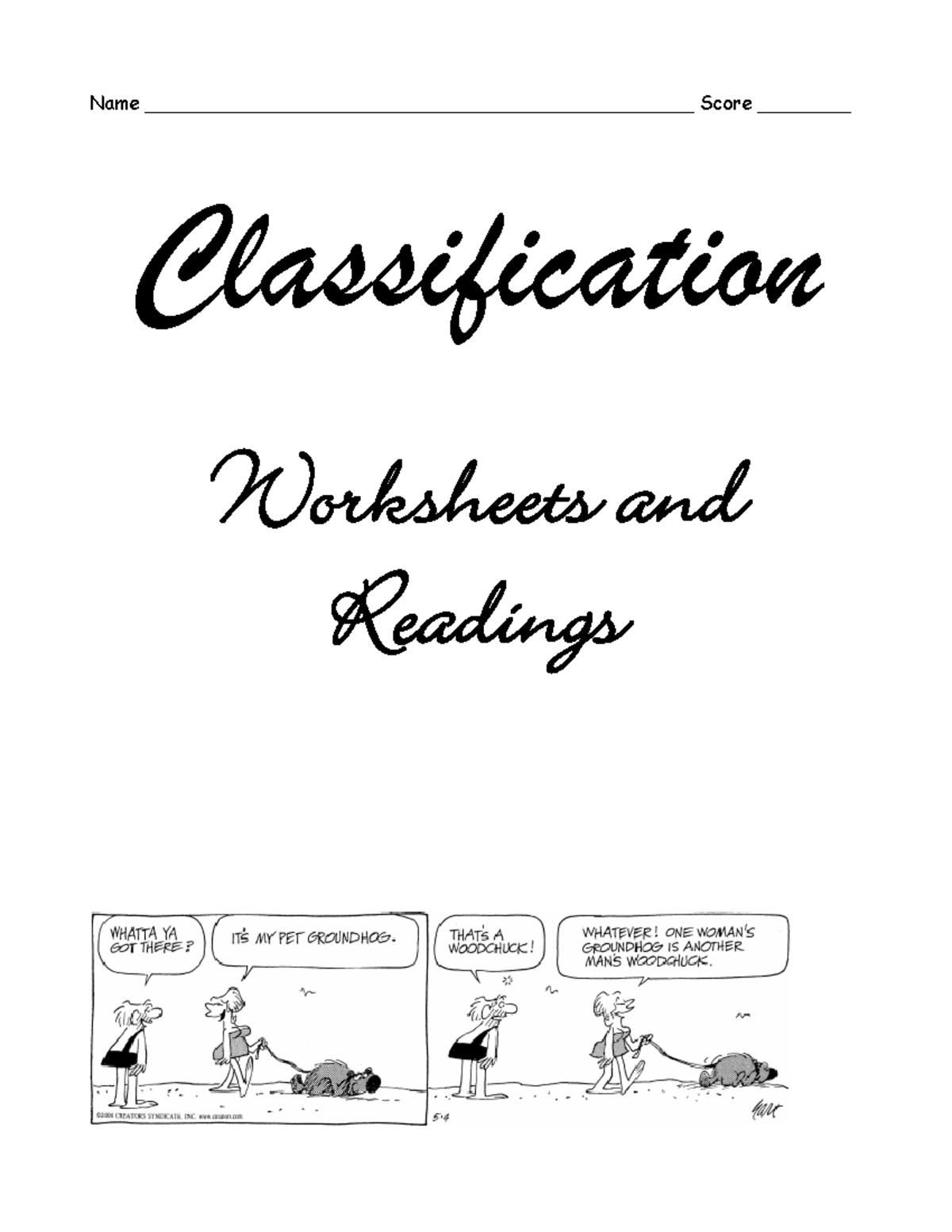 Classification Workbook Taxonomy - Name _______________________________________________ Score ...