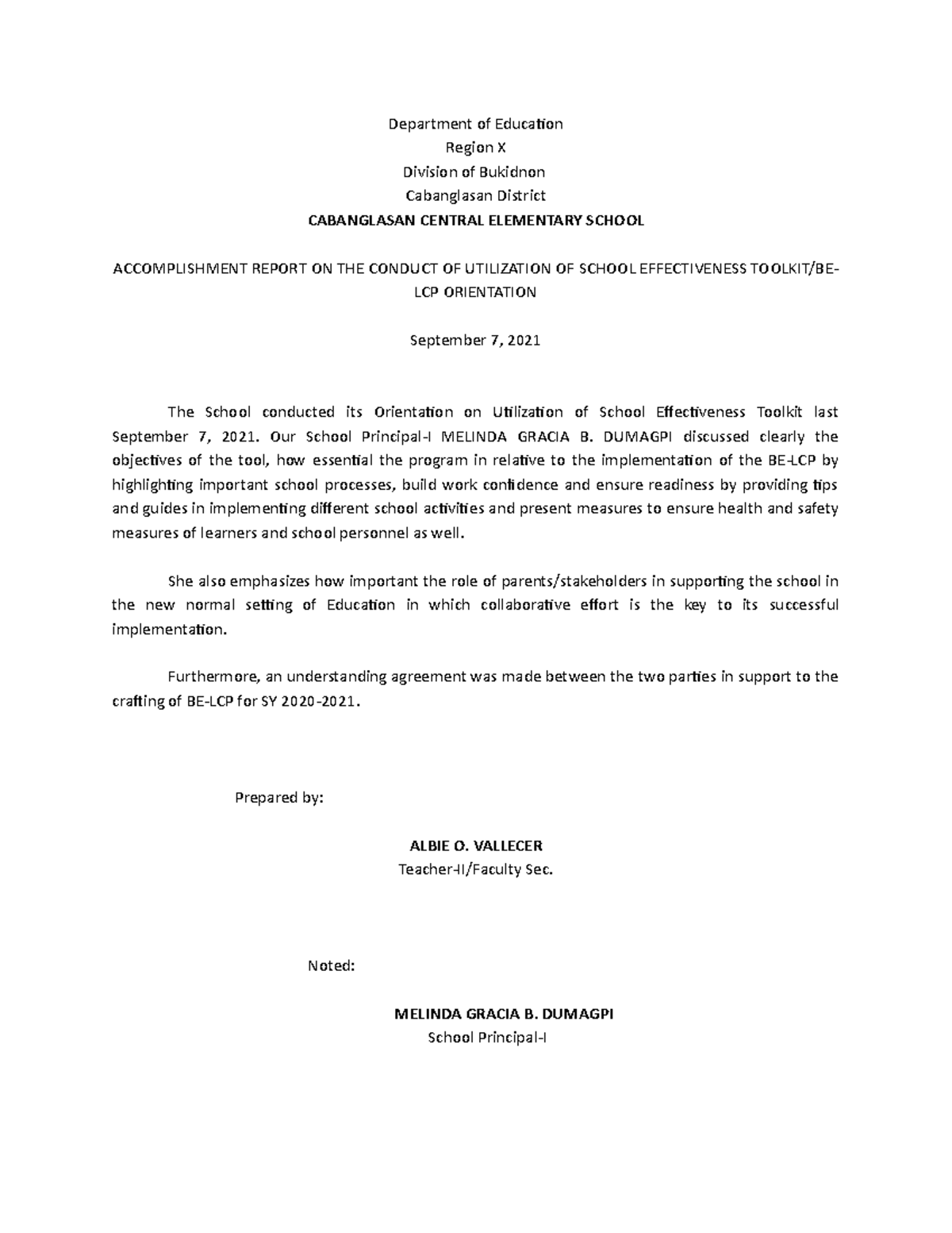 Accomplishment SET BE LCP - Department of Education Region X Division ...