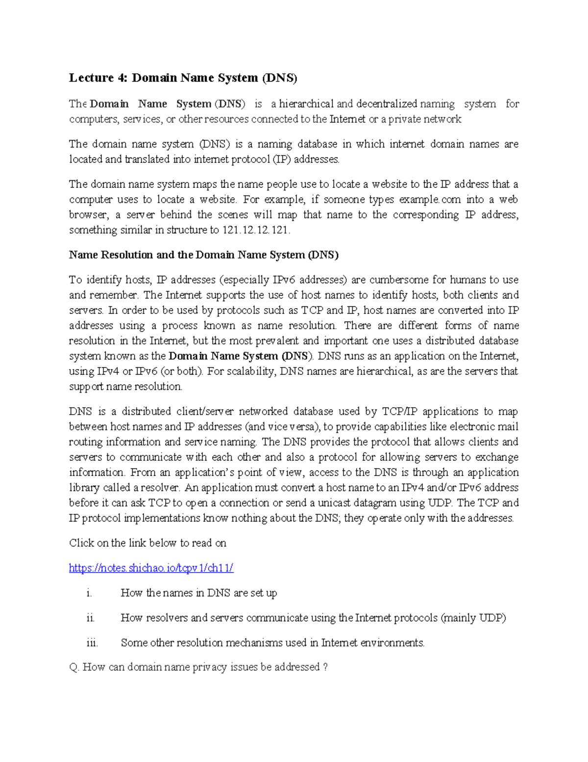 SCO 401 Lecture 5- 8 - Lecture 4: Domain Name System (DNS) The Domain Name System (DNS) is a ...