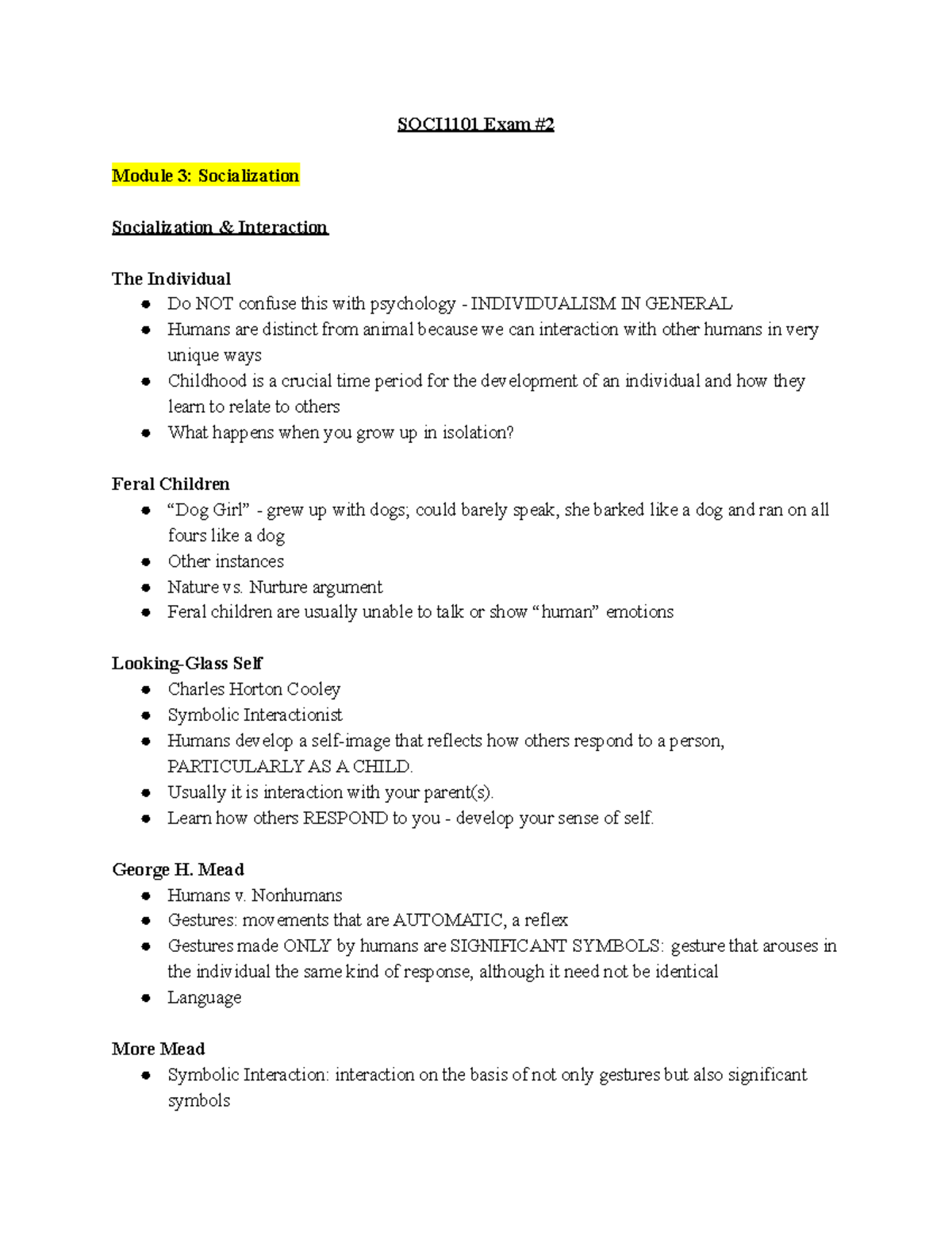 SOCI1101 Exam #2 Notes-2 - SOCI1101 Exam # Module 3: Socialization ...