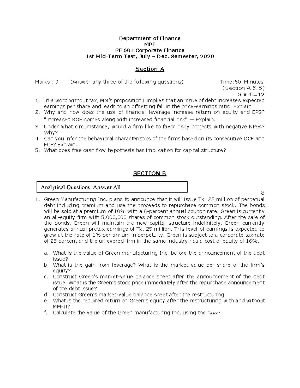MPF Question - LIKE - MPF PF 604 Corporate Finance 1st Mid-Term Test ...