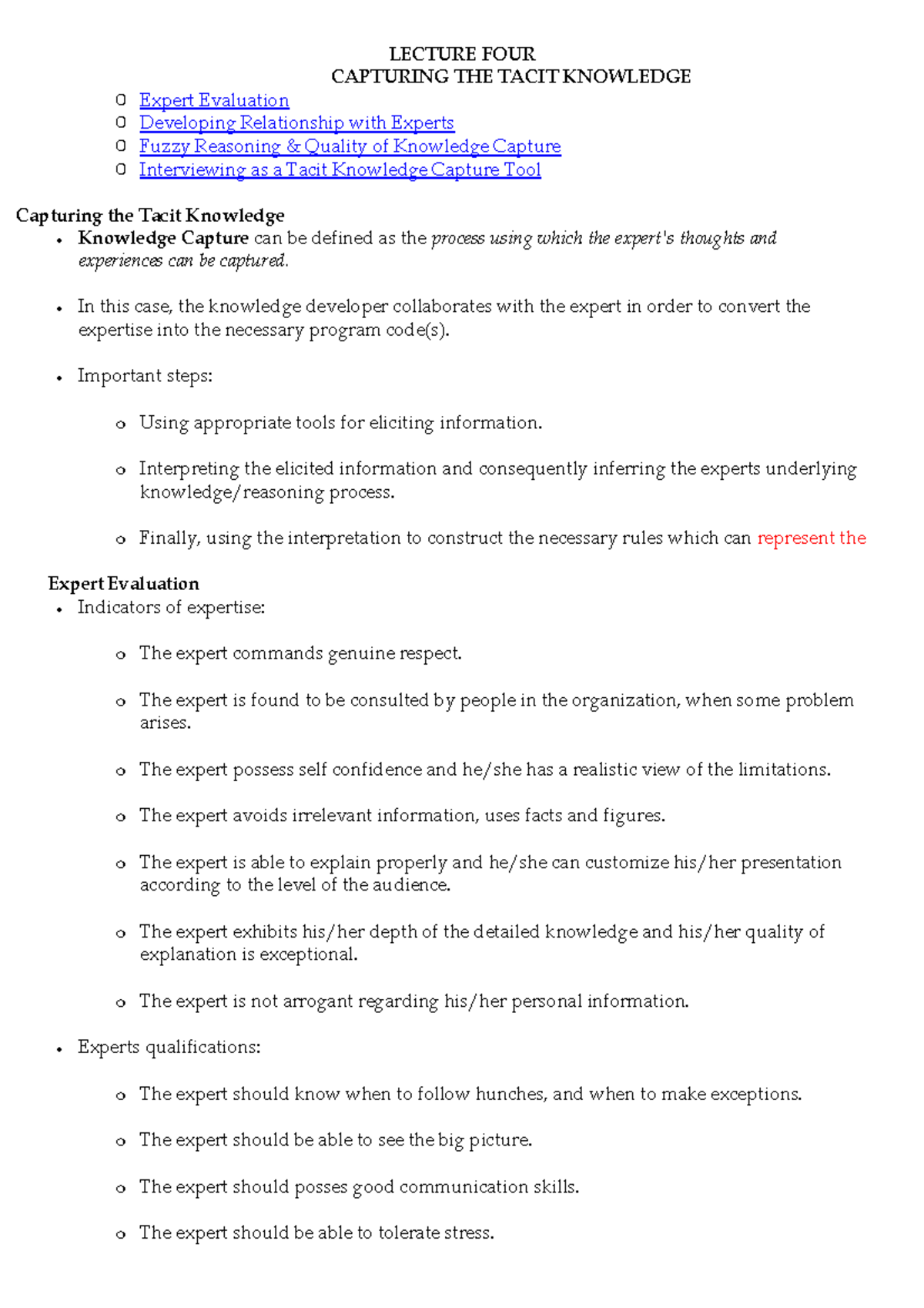 Lecture FOUR Capturing THE Tacit Knowledge - LECTURE FOUR CAPTURING THE TACIT KNOWLEDGE Expert ...