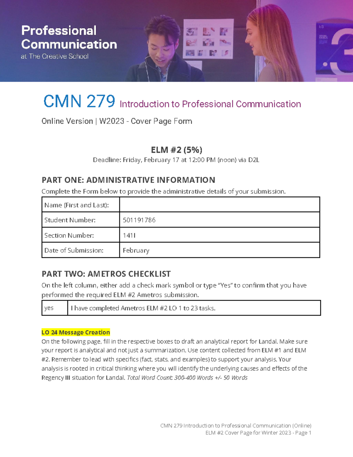 ELM #2 Cover Page - CMN 279 Introduction to Professional Communication ...