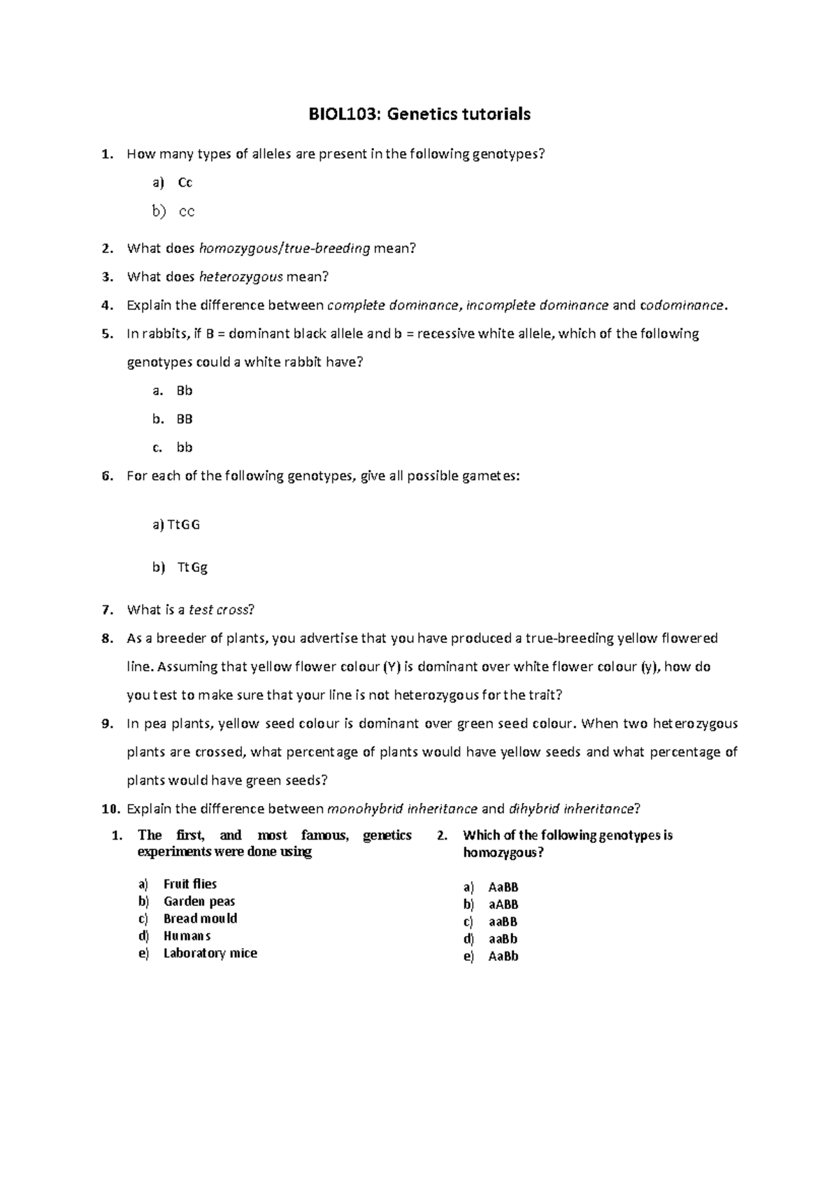 BIOL103 Genetics tutorial 2017 - BIOL103:)Genetics)tutorials) 1. - Studocu