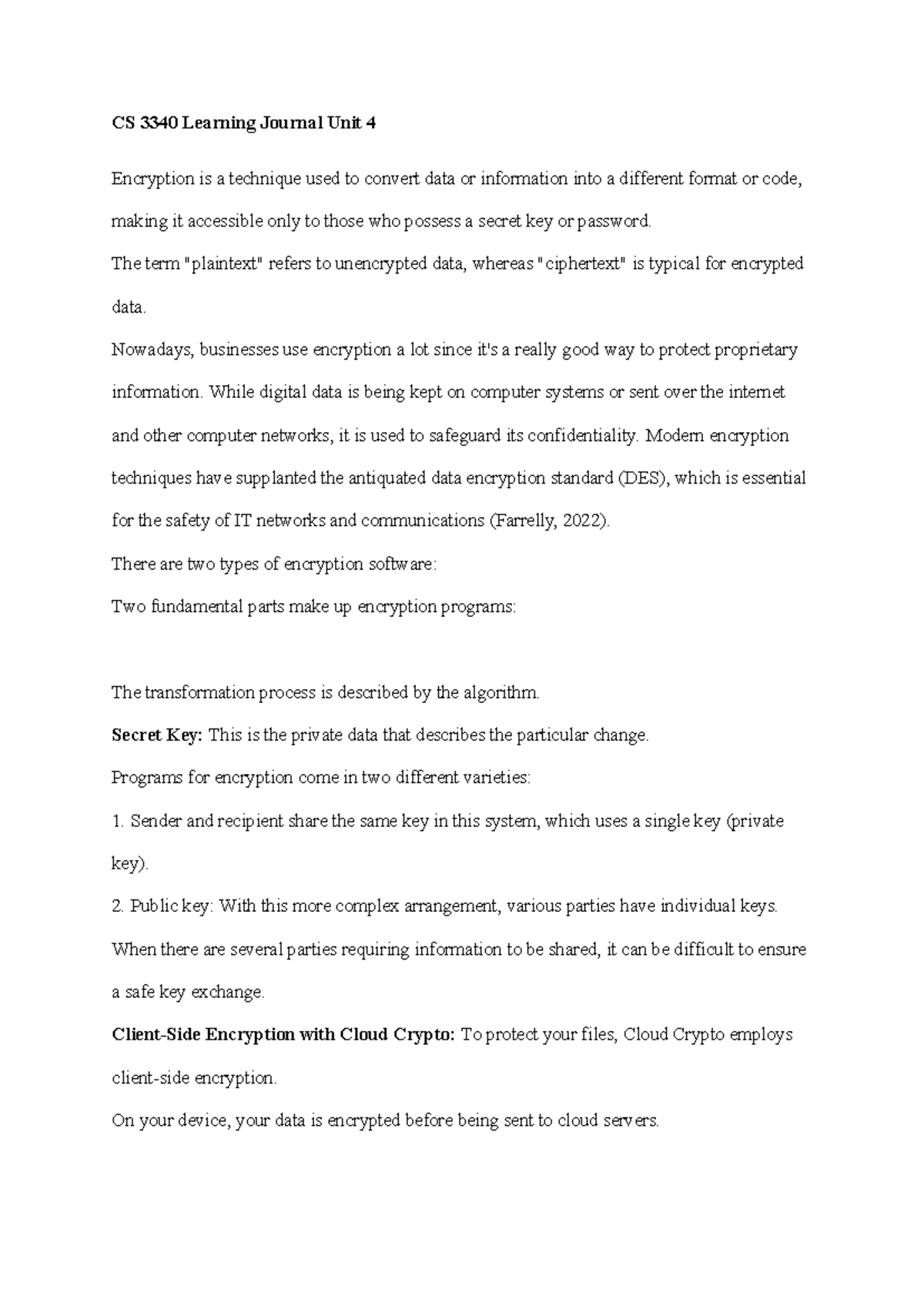 CS 3340 Learning Journal Unit 4 - The term "plaintext" refers to ...