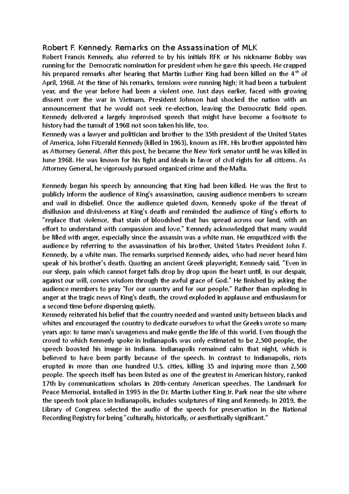 Robert F. Kennedy's Remarks on the Assassination of MLK - Robert F ...